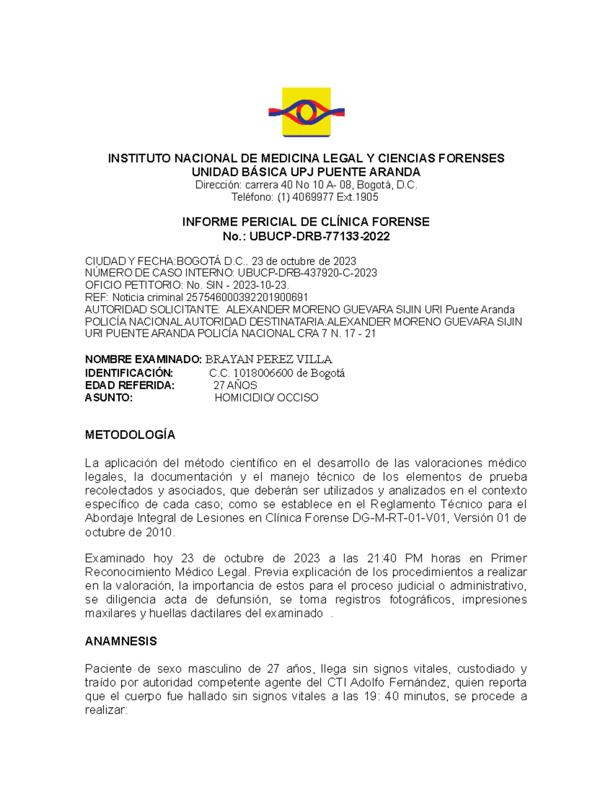 Medicina legal occiso - sera utill - INSTITUTO NACIONAL DE MEDICINA ...