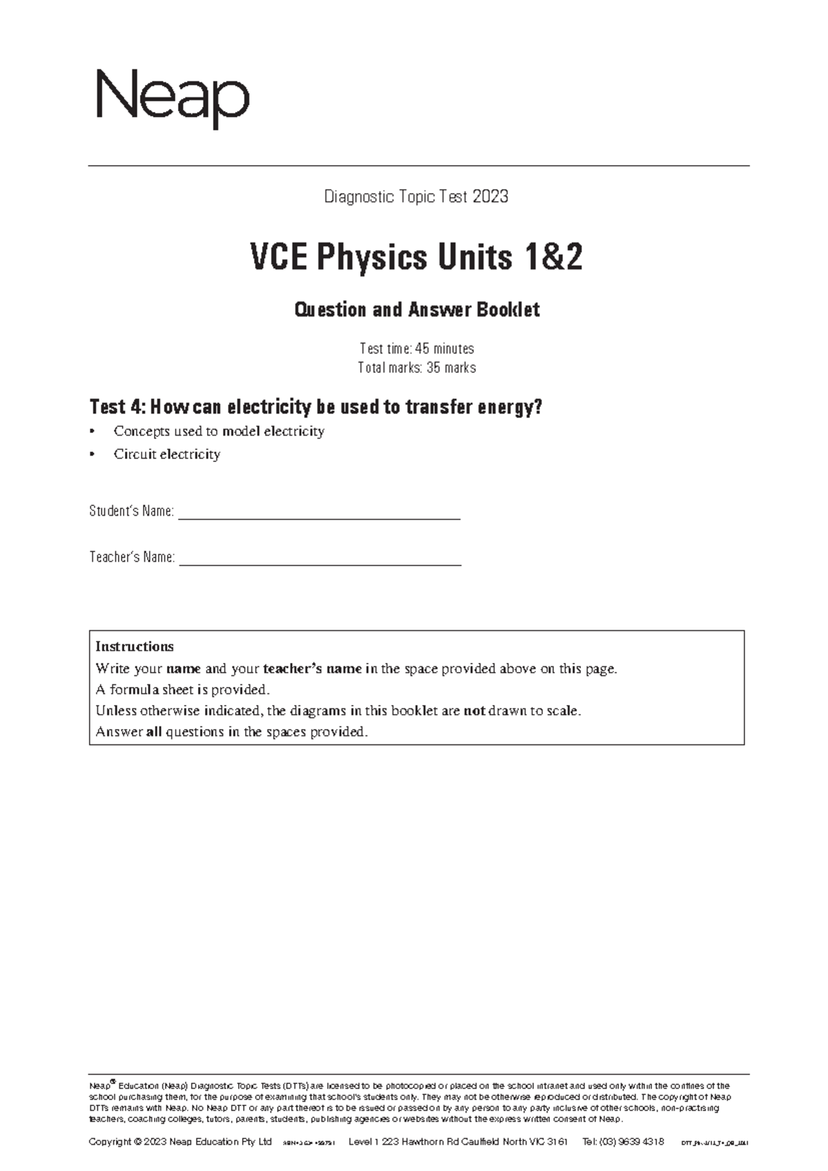 Test 4 VCE Physics Units 1&2 DTT 2023 - Diagnostic Topic Test 2023 VCE ...