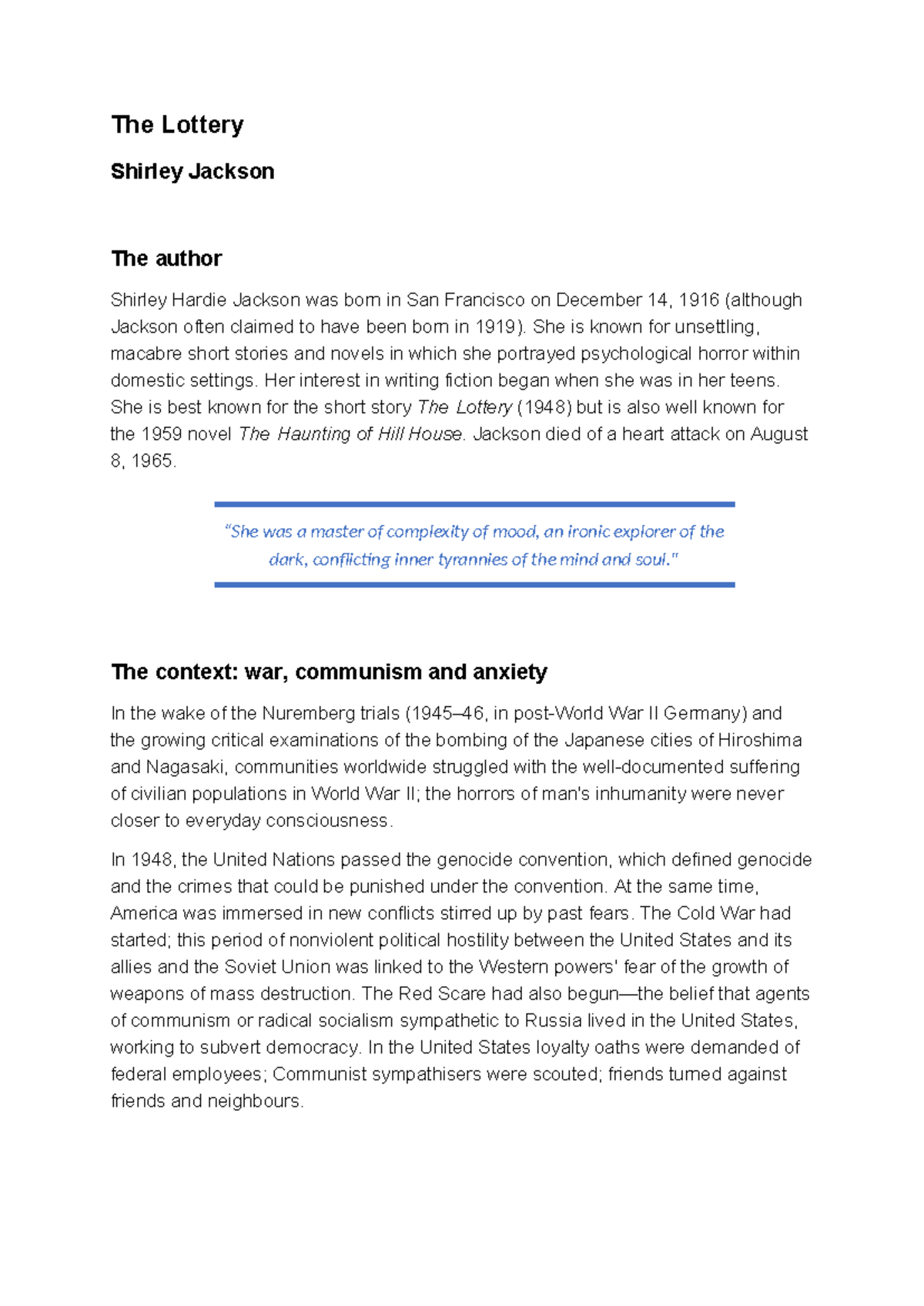 The Lottery worksheet - The Lottery Shirley Jackson The author Shirley ...