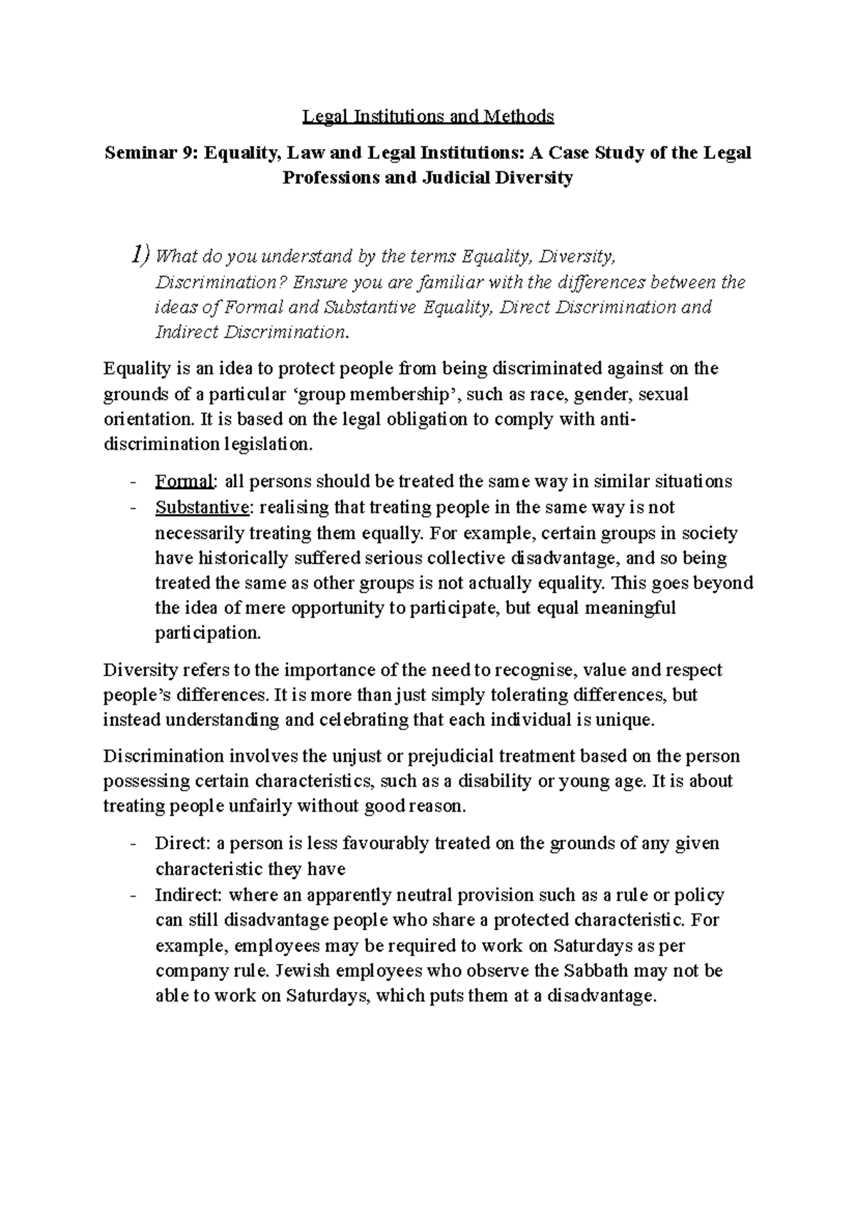 Lim seminar 9 - Legal Institutions and Methods Seminar 9: Equality, Law ...