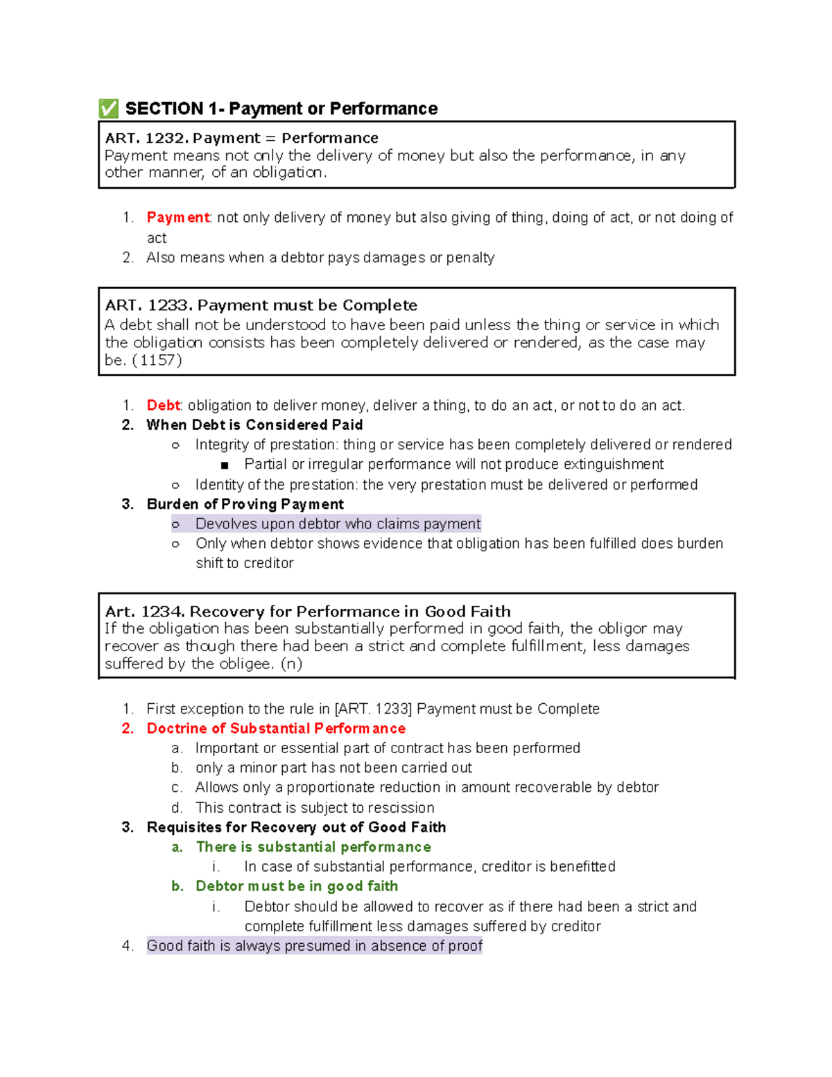 OBLI Chapter 4 Section 1 - SECTION 1- Payment or Performance ART. 1232 ...