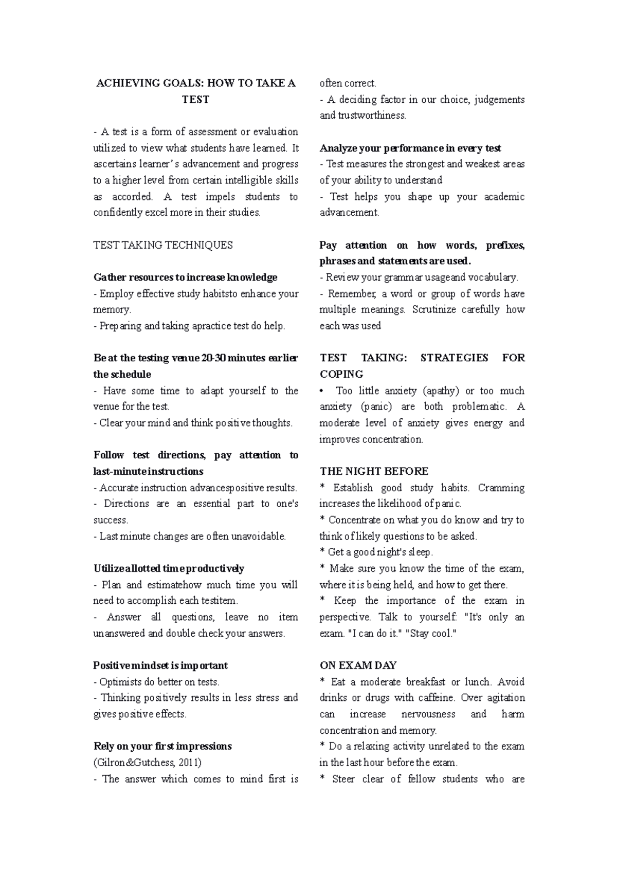 Veritas Finals - ACHIEVING GOALS: HOW TO TAKE A TEST A test is a form ...