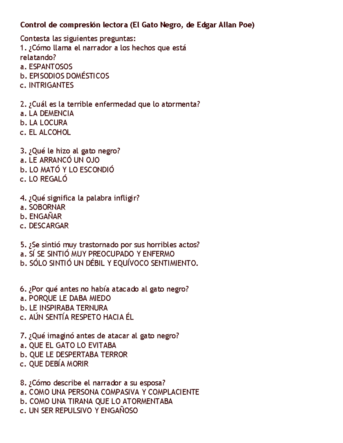 Comprension Del Gato Negro - Control de compresión lectora (El Gato ...