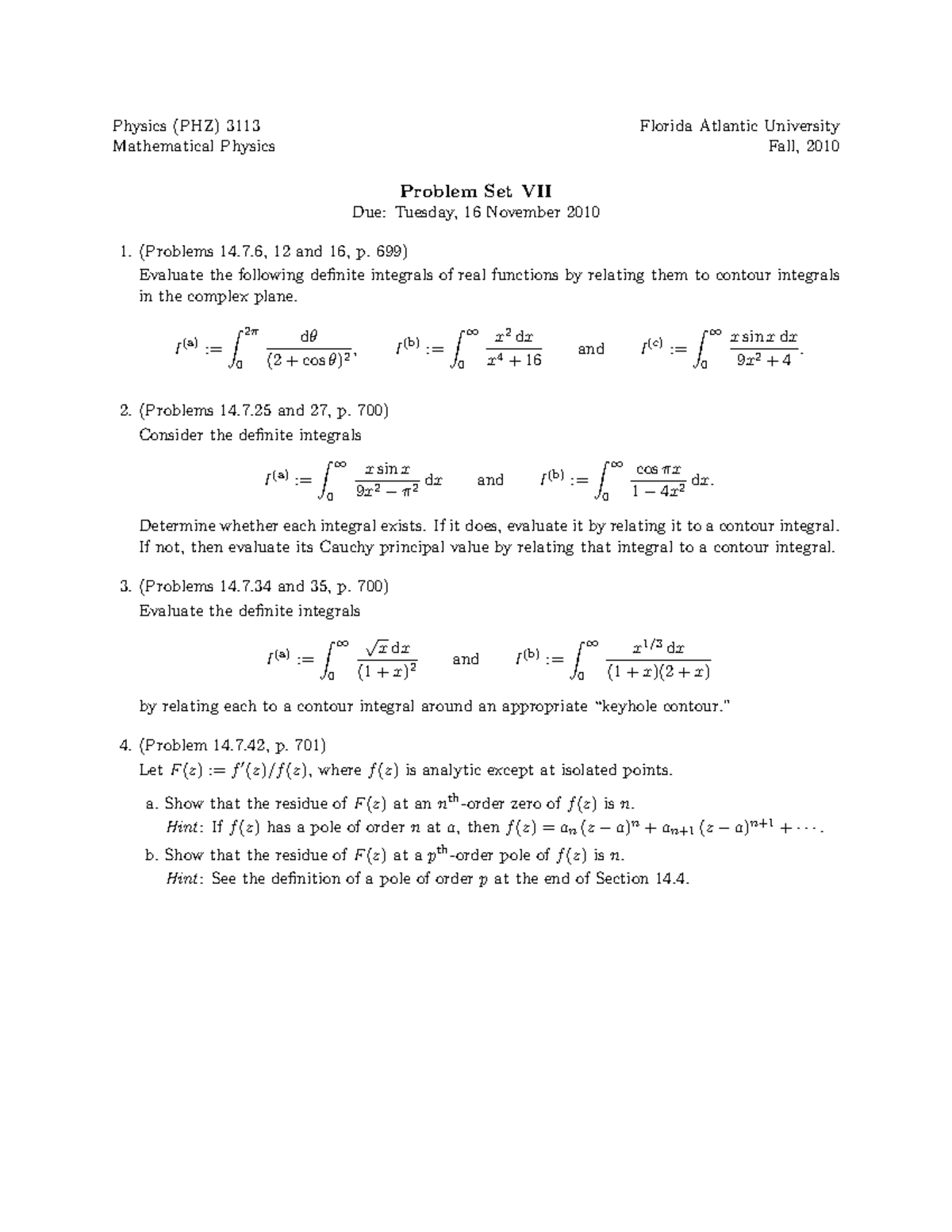Homework Problem Set 7 - Physics (PHZ) 3113 Mathematical Physics Florida Atlantic University ...