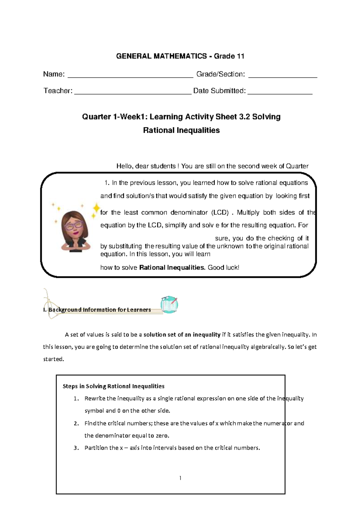 Q1 Week 2 Las 3 2 Solving Rational Inequalities General Mathematics