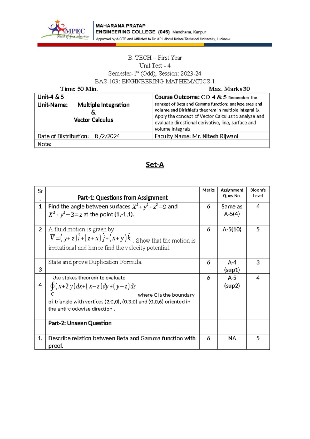 UNIT TEST-4 - Unit Test - 4 Semester-1st (Odd), Session: 2023- BAS-103 ...