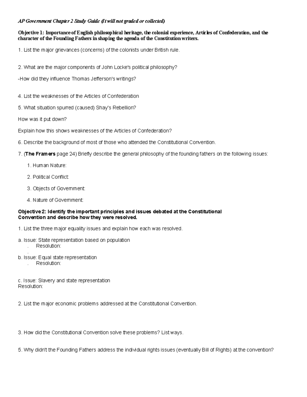 AP Government - Chapter 2 Study Guide - List the major grievances ...