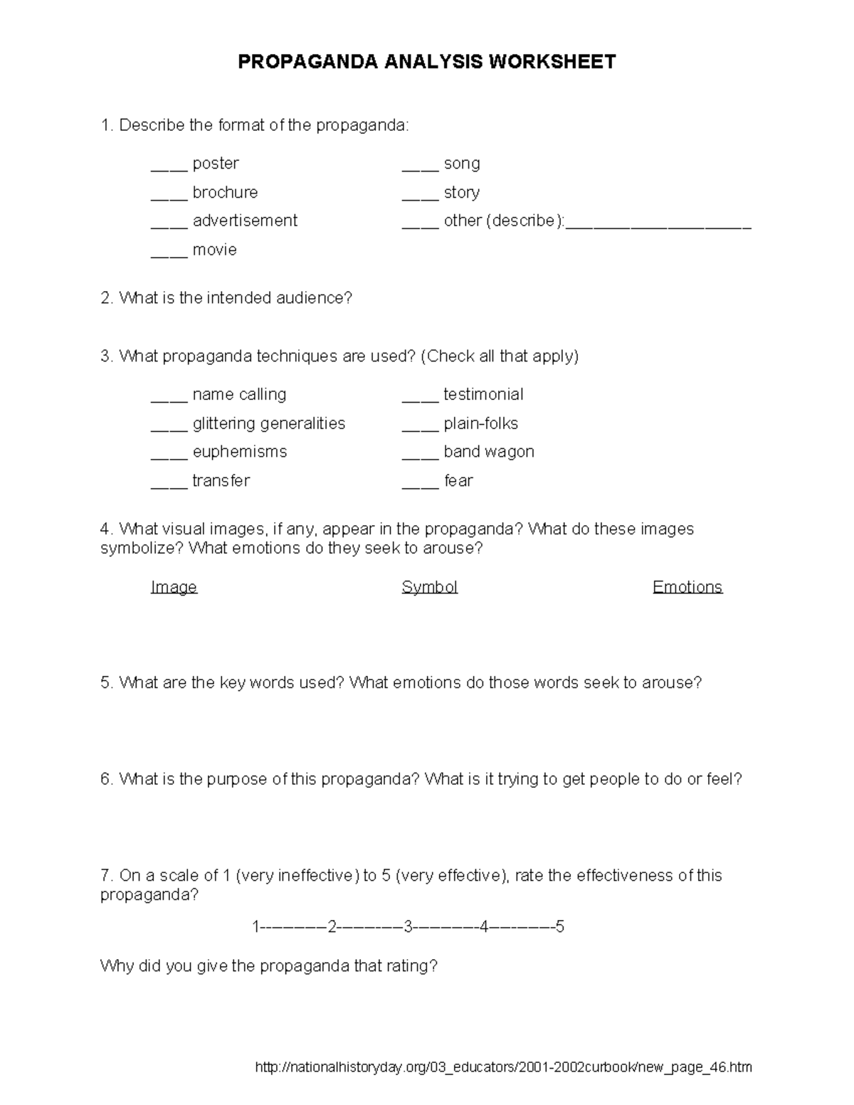 Propaganda Analysis Work Sheet - PROPAGANDA ANALYSIS WORKSHEET 1 ...
