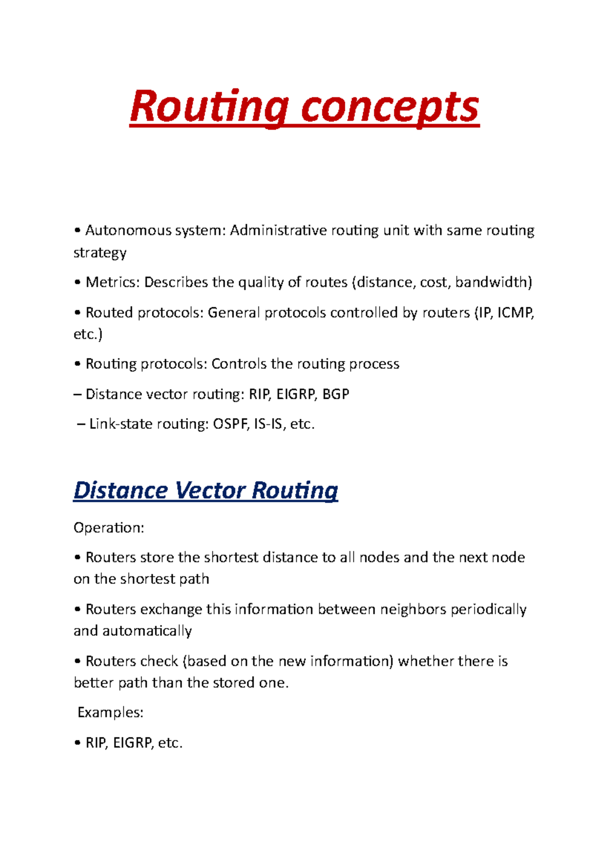 Routing concepts - Routing concepts Autonomous system: Administrative ...