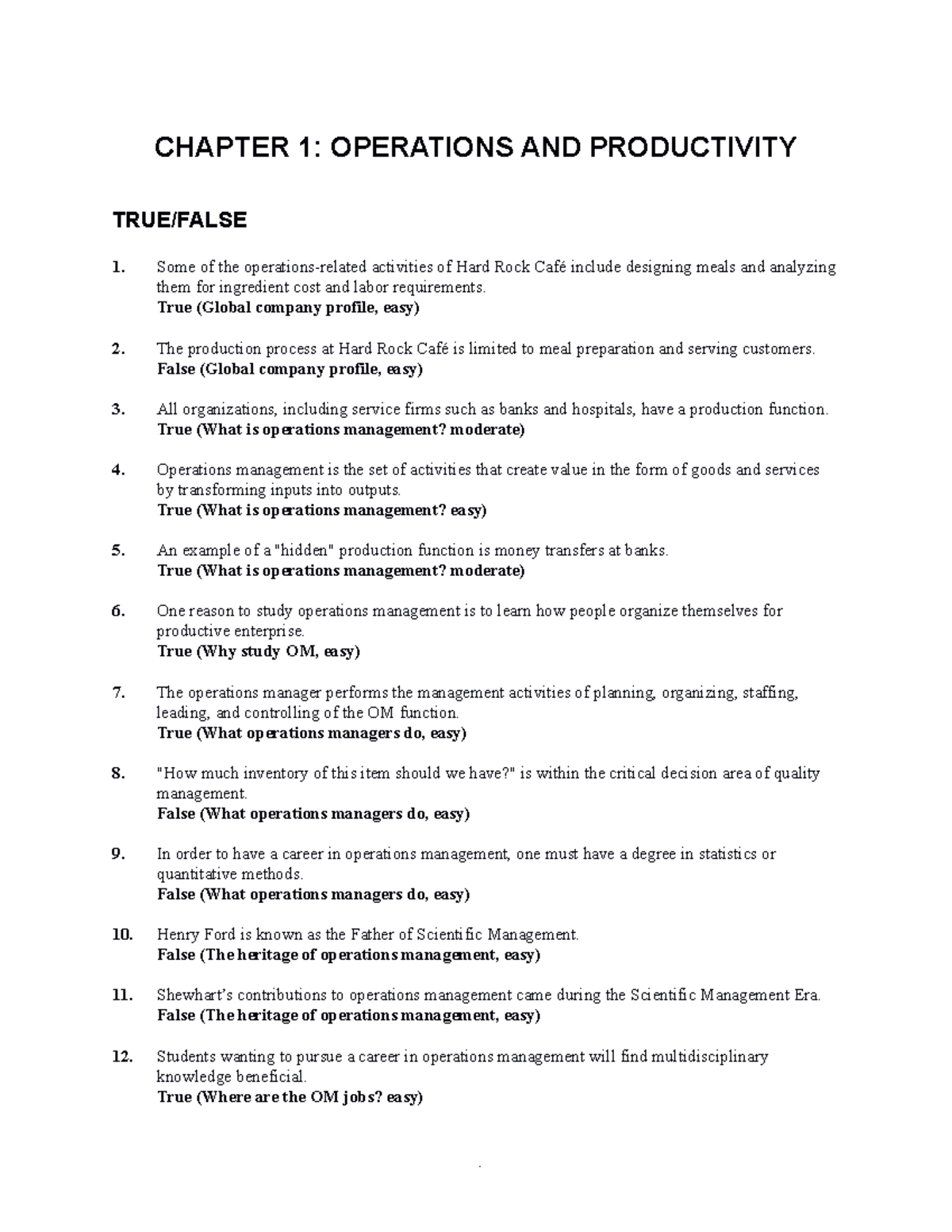 OPMT 620 Weekly Questions and Answers - CHAPTER 1: OPERATIONS AND ...