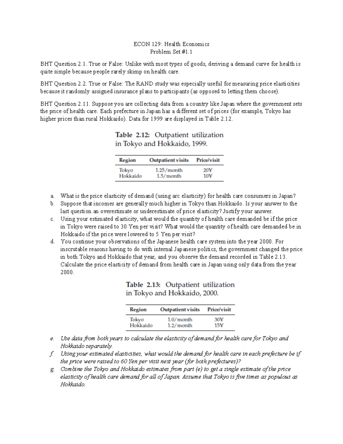 Prob Set - Problem sets - ECON 129: Health Economics Problem Set #1 ...