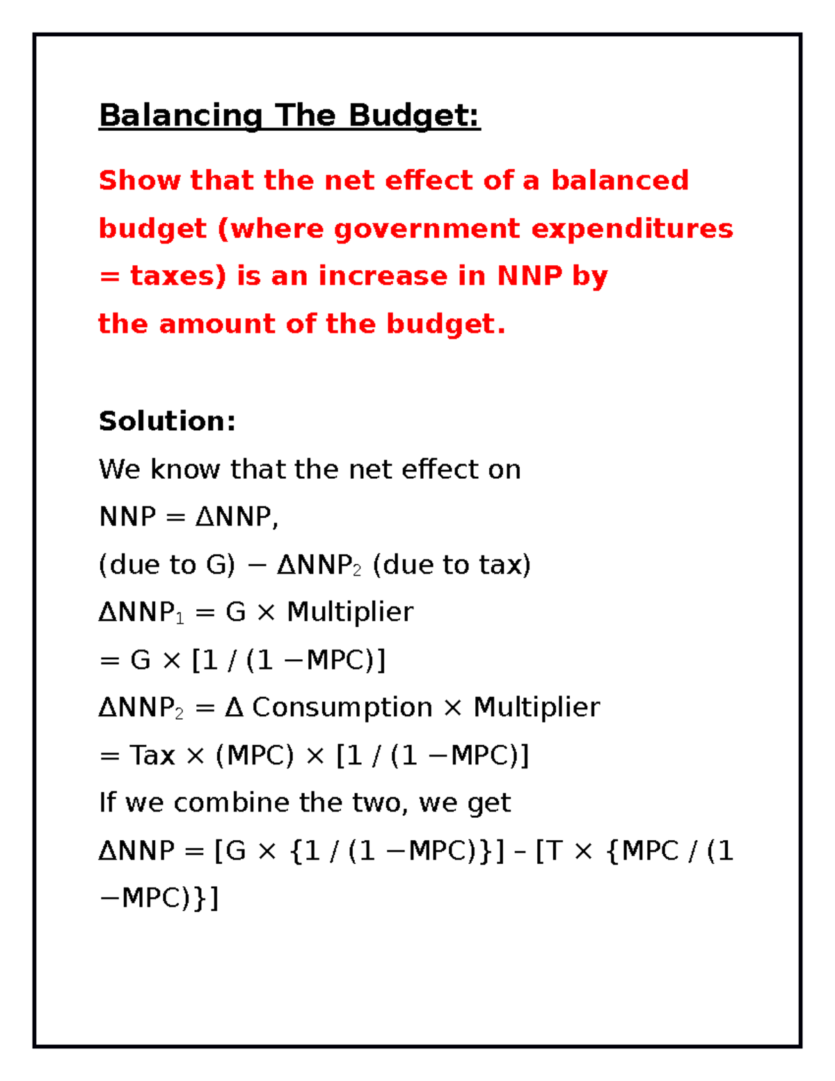 Balancing The Budget - Balancing The Budget: Show that the net effect ...