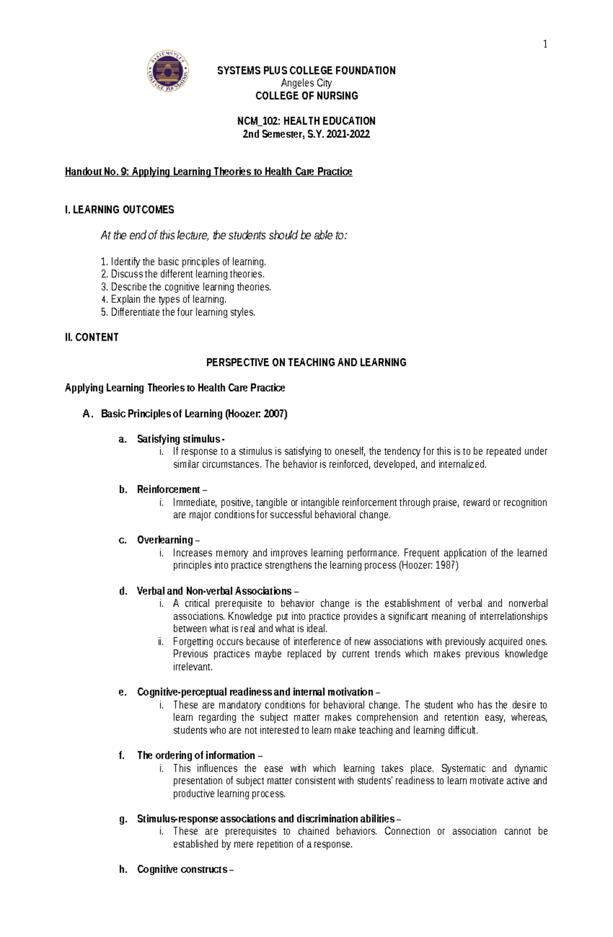 Health Educ Handout 9 - SYSTEMS PLUS COLLEGE FOUNDATION Angeles City ...