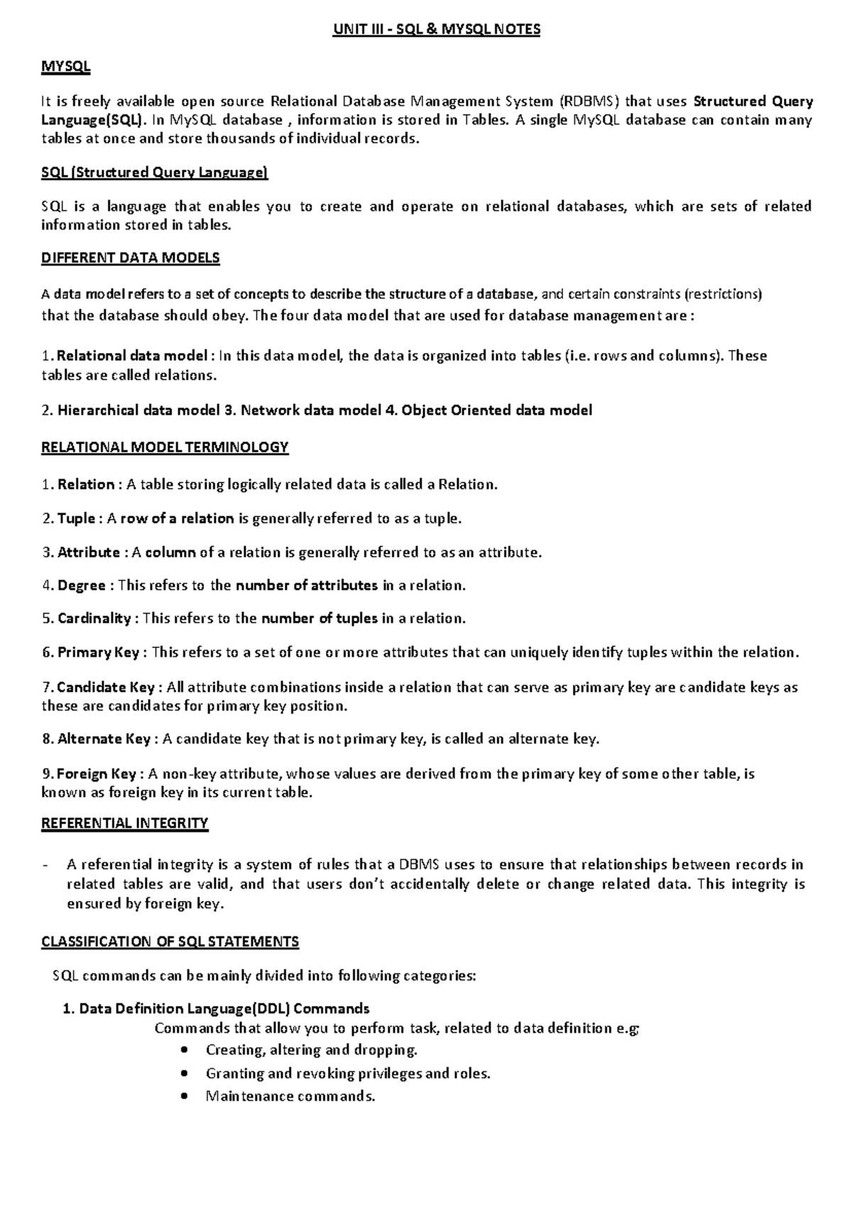 MY SQL - erfhtgfbbbfgxvc - UNIT SQL MYSQL NOTES MYSQL It is freely ...