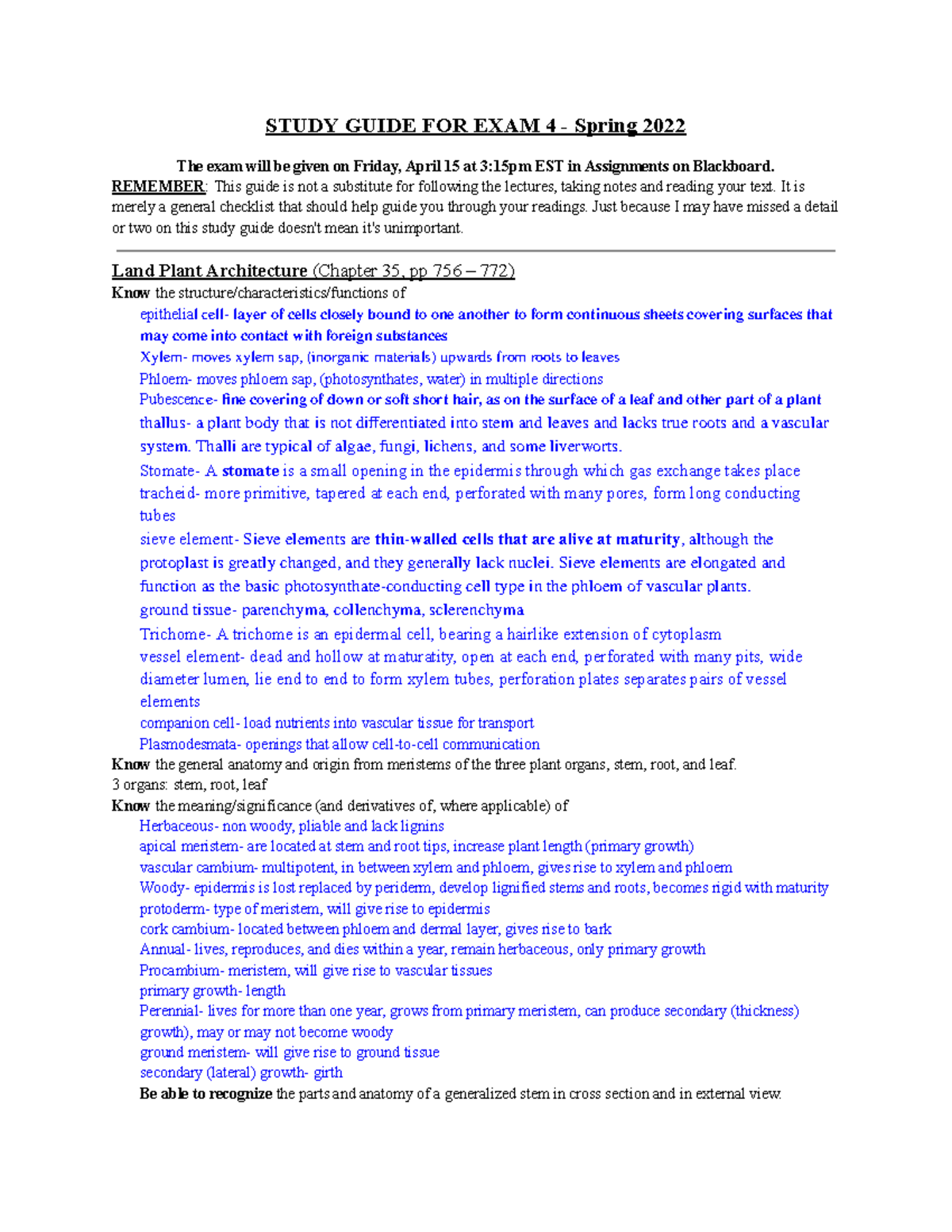 Exam 4 Study Guide - STUDY GUIDE FOR EXAM 4 - Spring 2022 The exam will ...