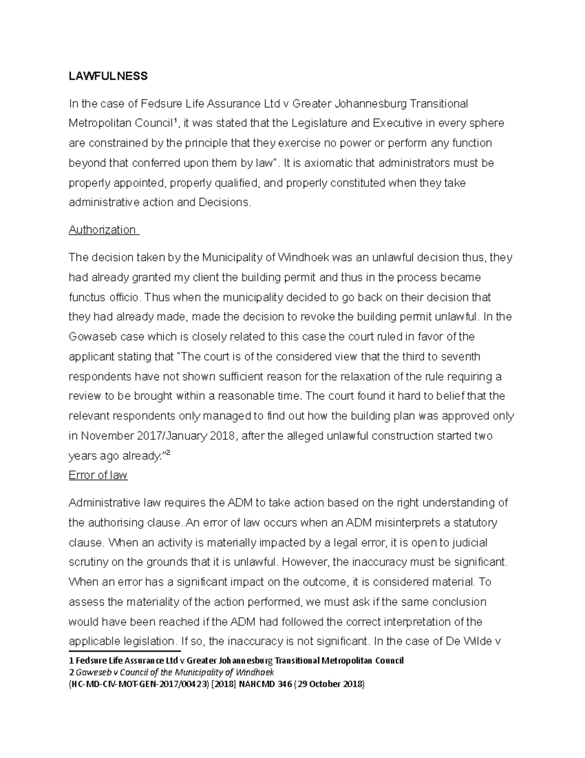 Lawfulness - write up on admin law - LAWFULNESS In the case of Fedsure ...