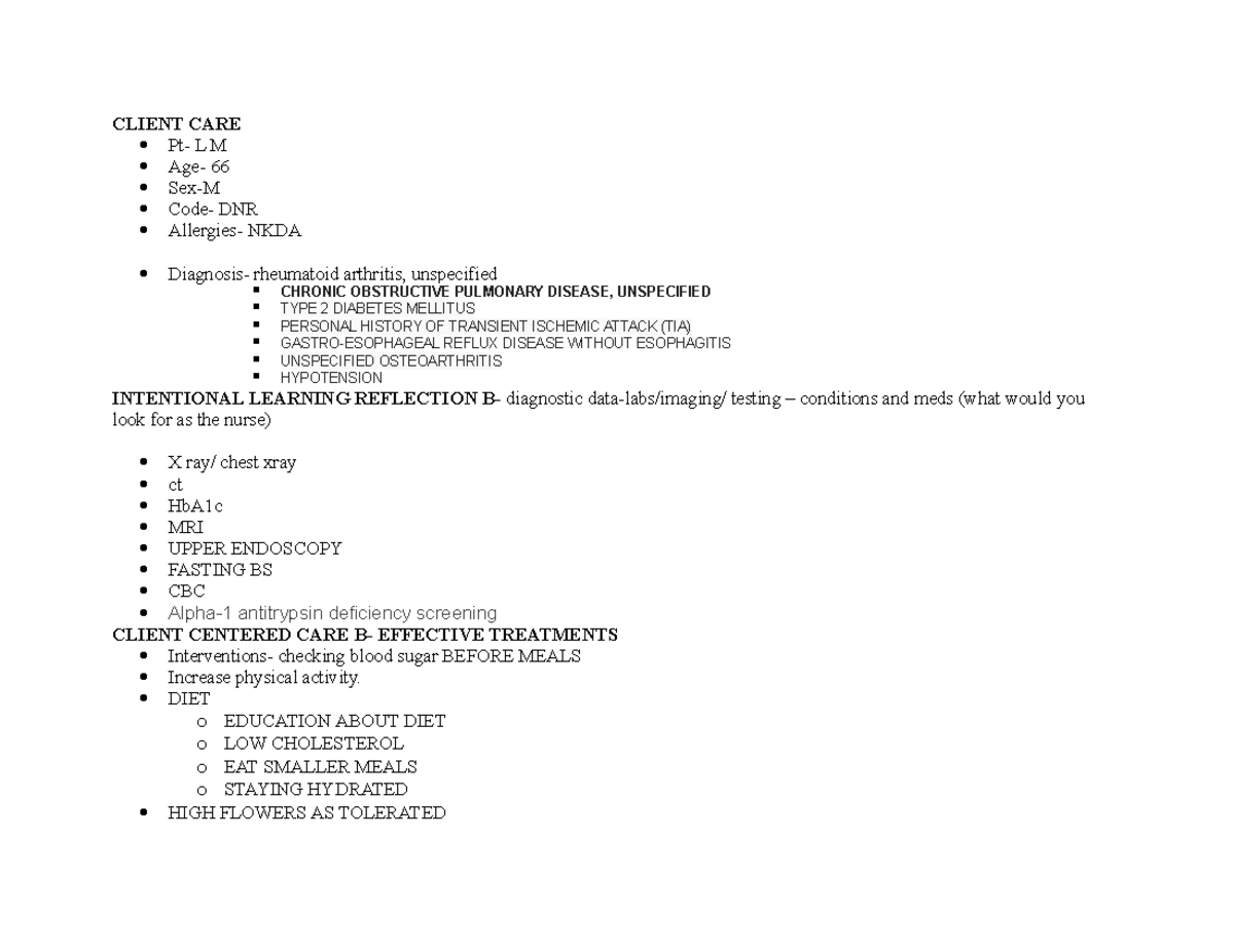 Day 3 assignmnet - clinical - CLIENT CARE Pt- L M Age- 66 Sex-M Code ...
