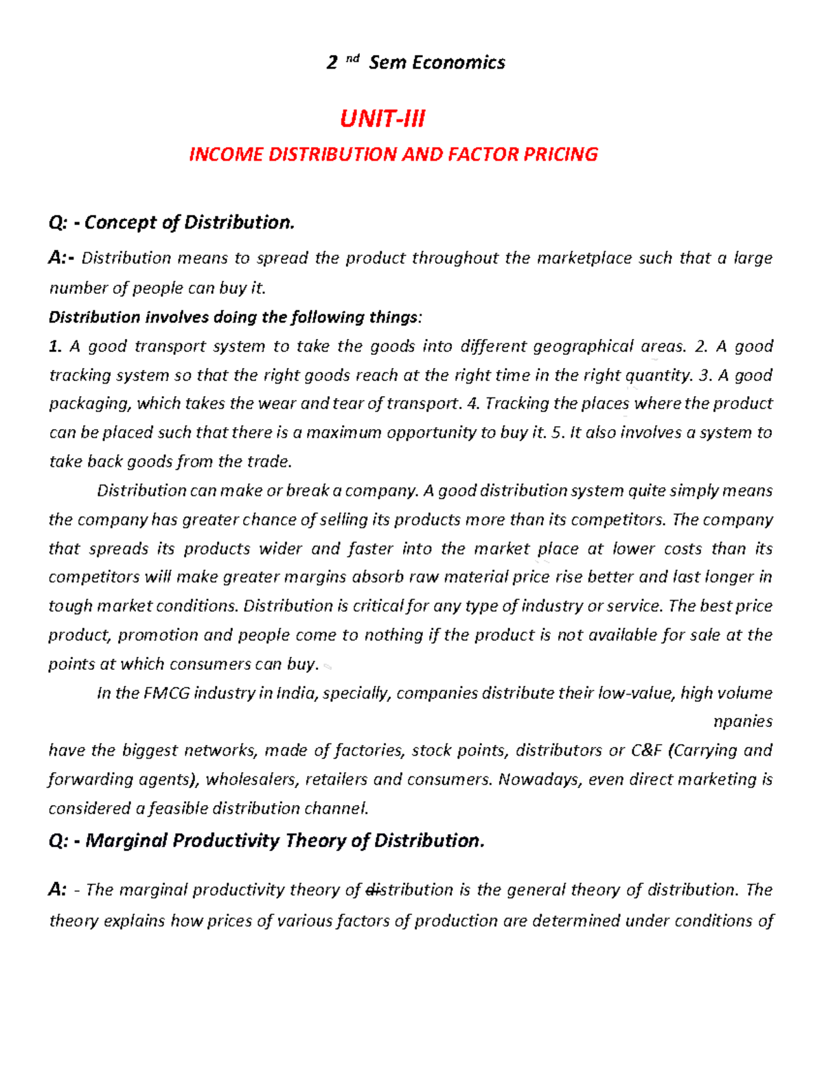 Economics 2ND SEM UNIT 3,4 - UNITIII INCOME DISTRIBUTION AND FACTOR ...