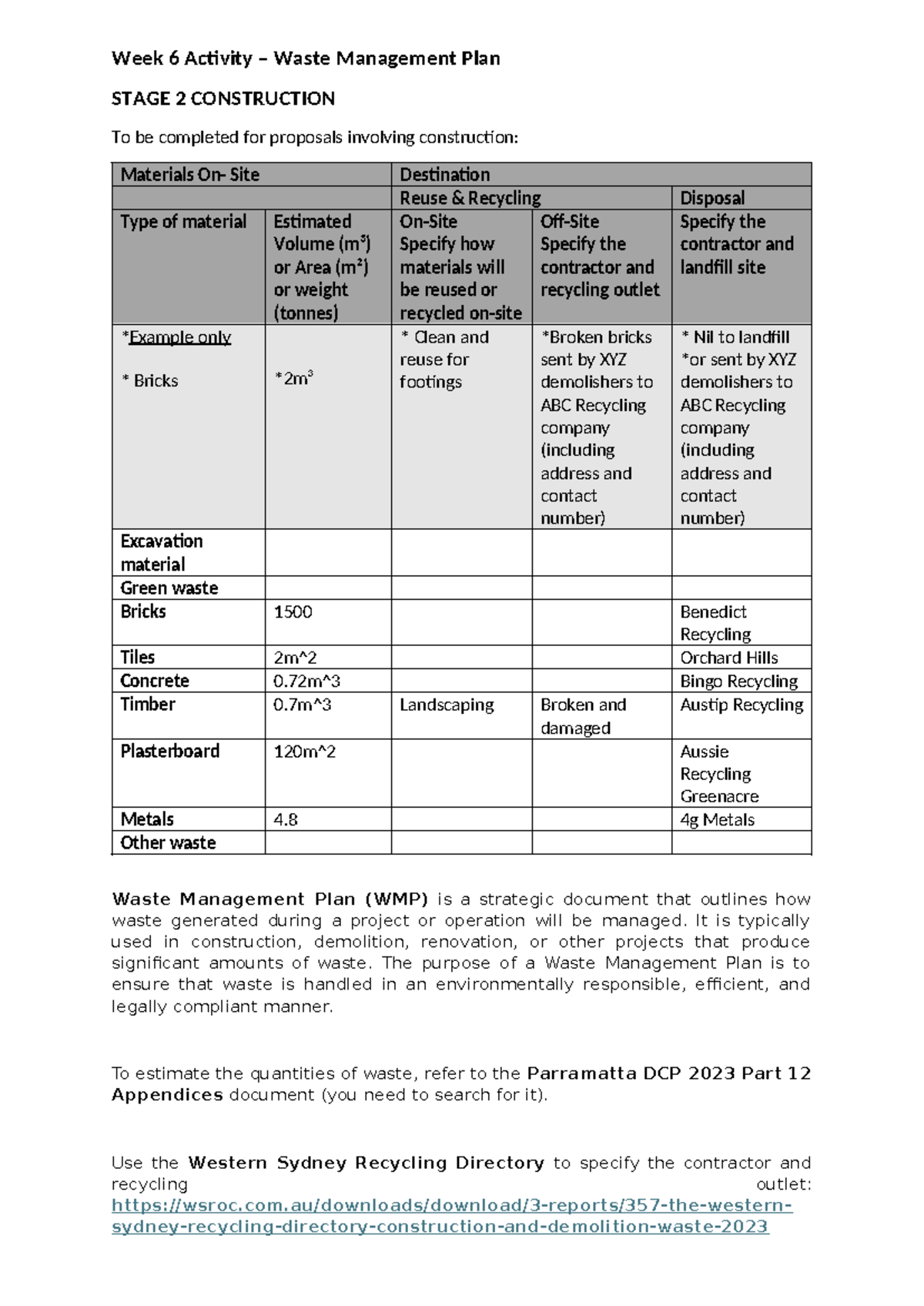 Week 6 Activity - WMP - week 6 questions - Week 6 Activity – Waste ...