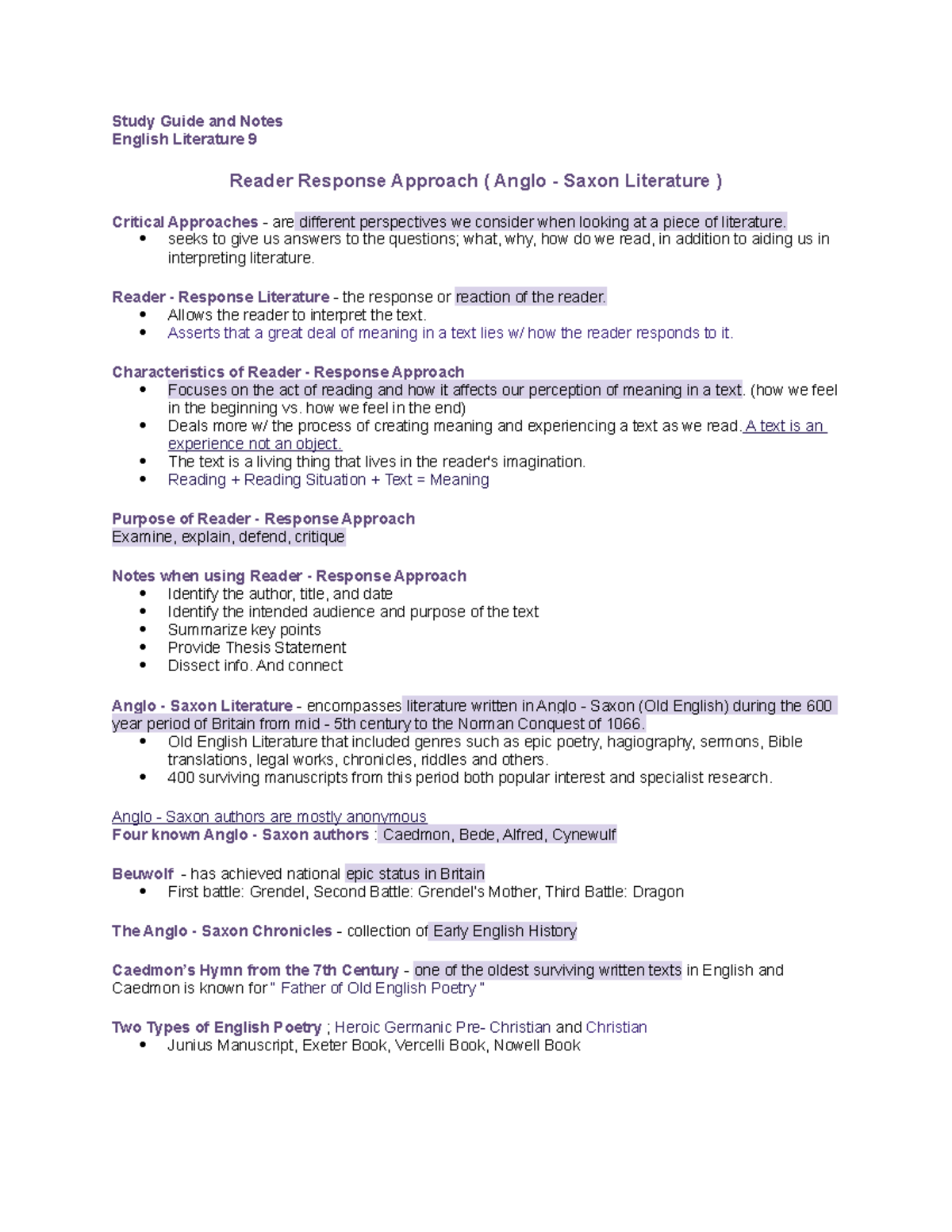 Reader Response Approach English 9 - Study Guide and Notes English ...