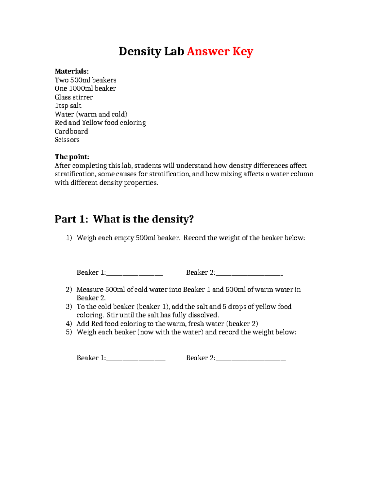 Densitylabkey 2 - Ngfvbbhff - Density Lab Answer Key Materials: Two 500ml beakers One 1000ml ...