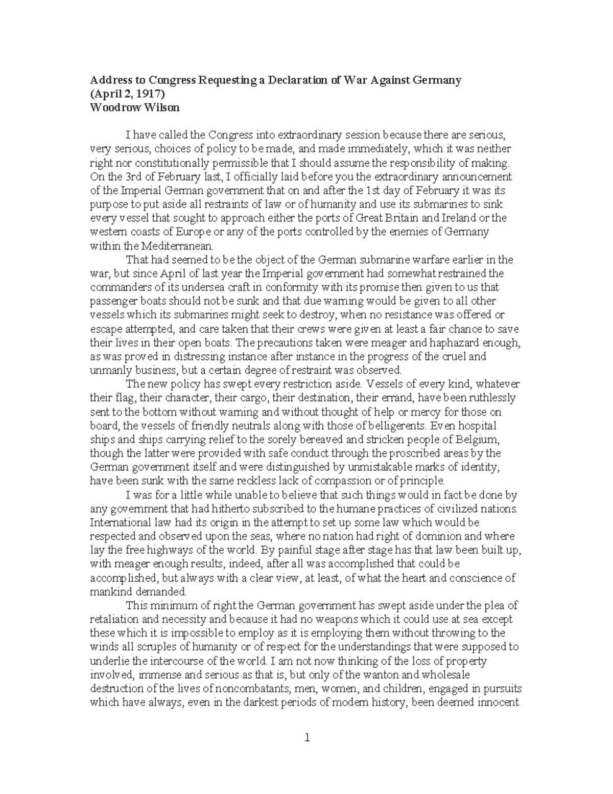 Wilson Declaration+of+War - Address to Congress Requesting a ...