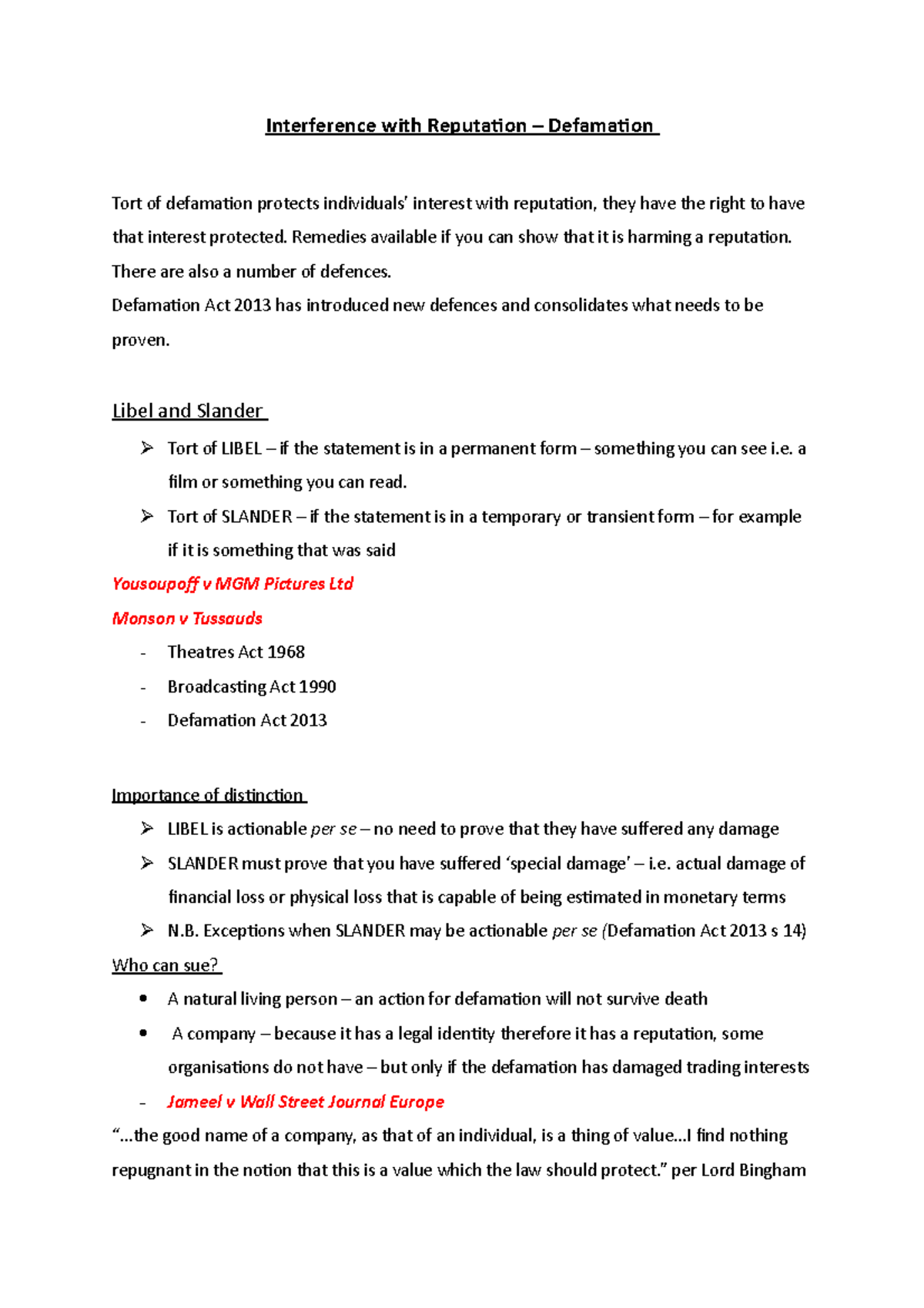 Defamation - Lecture notes All - Interference with Reputation ...