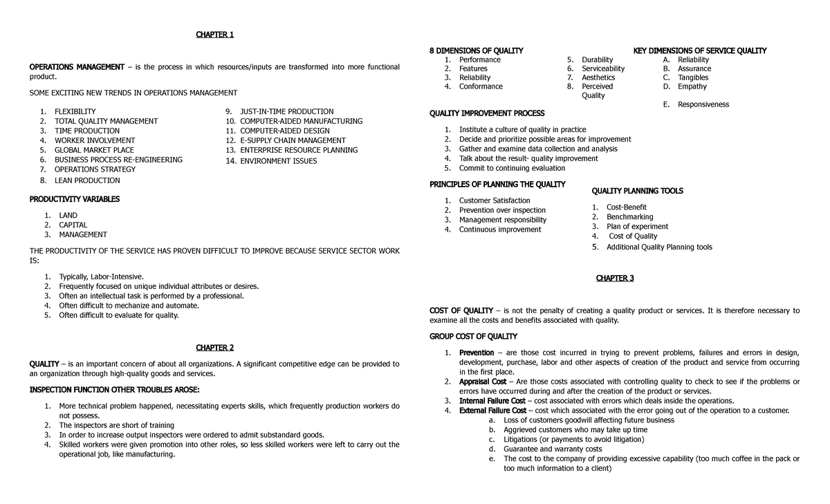 OM6PQT - Reviewer - CHAPTER 1 OPERATIONS MANAGEMENT – is the process in ...