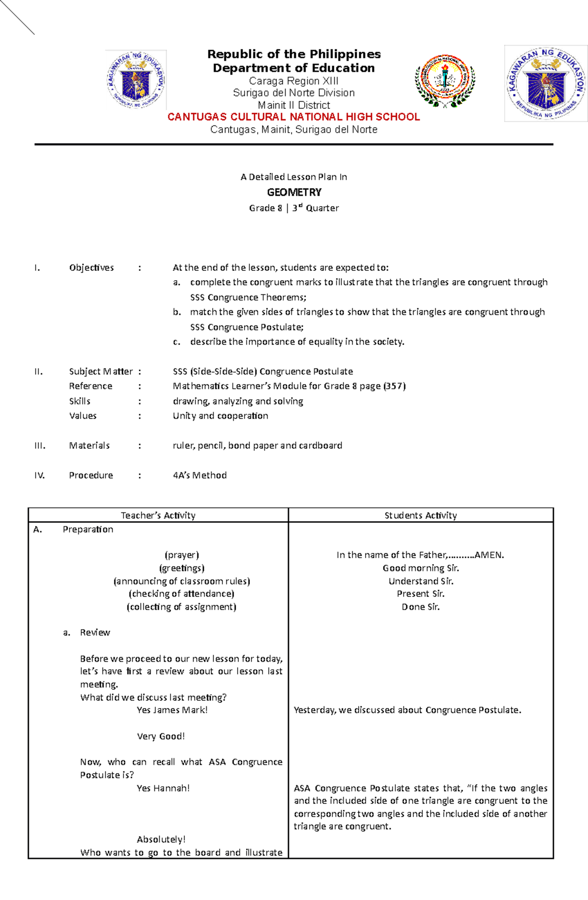 Detailed lesson Plan - Objectives : At the end of the lesson, students ...