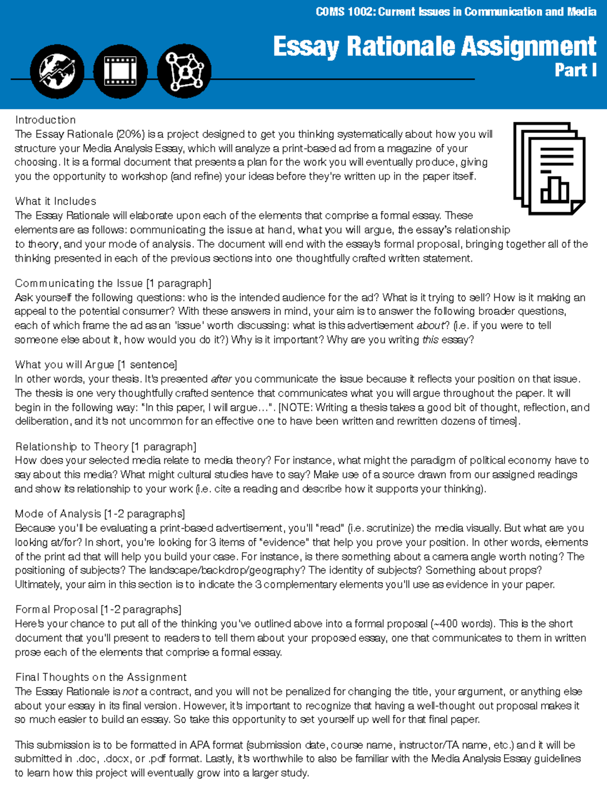 COMS 1002 - Essay Rationale - Essay Rationale Assignment Part I COMS ...