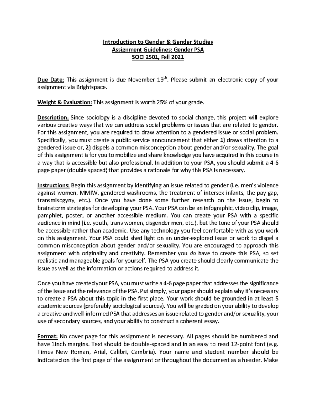 SOG - Gender PSA - Assignment Guidelines - **Introduction to Gender ...
