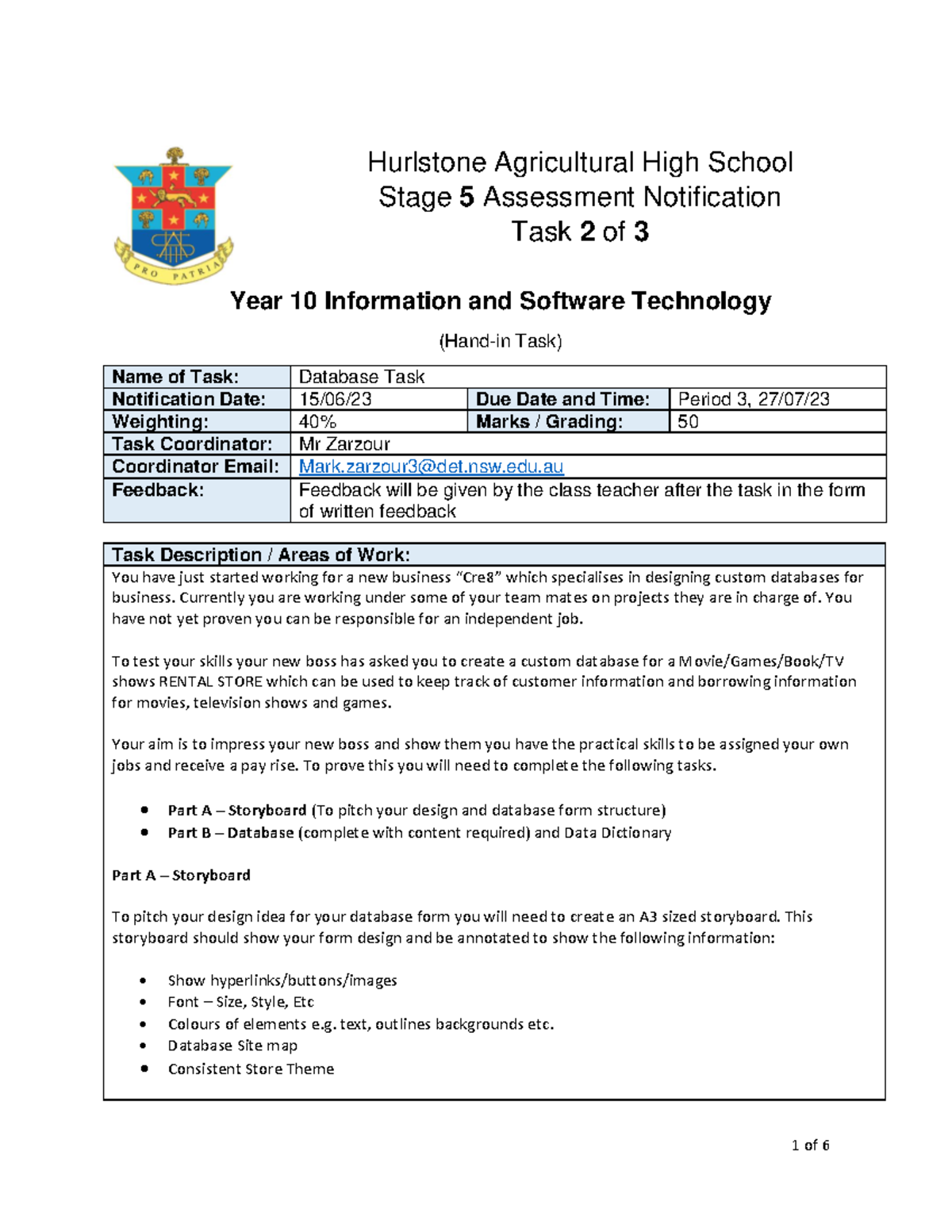 Ist database task - hhhhhhh - Hurlstone Agricultural High School Stage ...