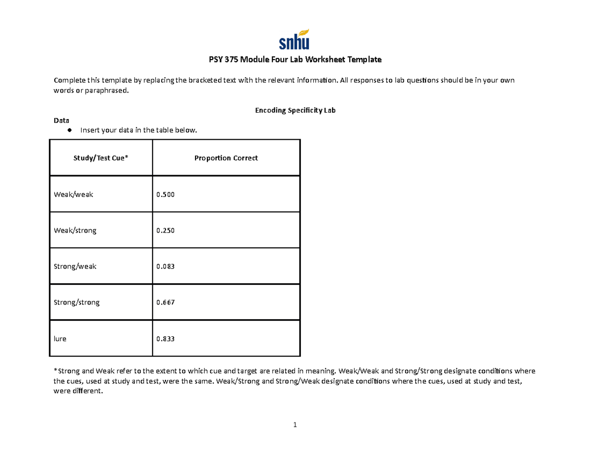 4 1 Module Lab Psy 375 Module Four Lab Worksheet Template Complete This Template By Replacing