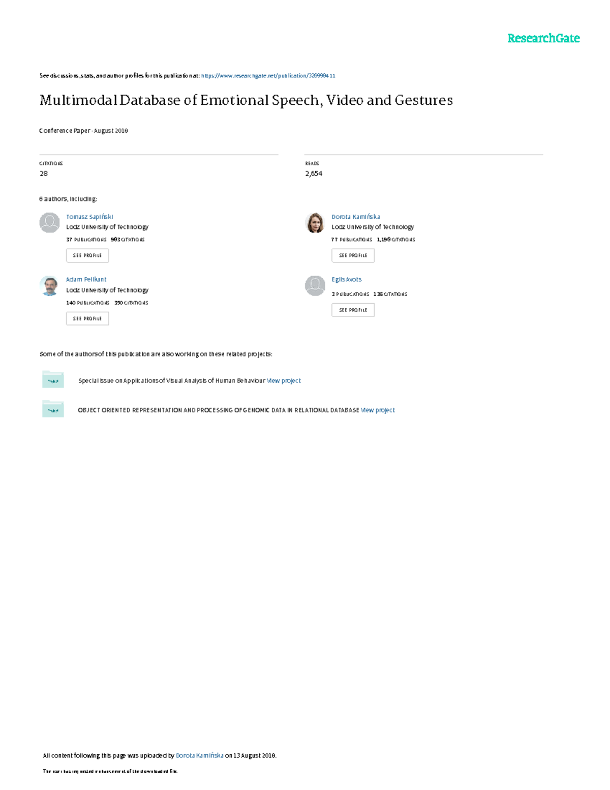 Multimodal Databaseof Emotional Speech Videoand Gestures - See discussions, stats, and author ...