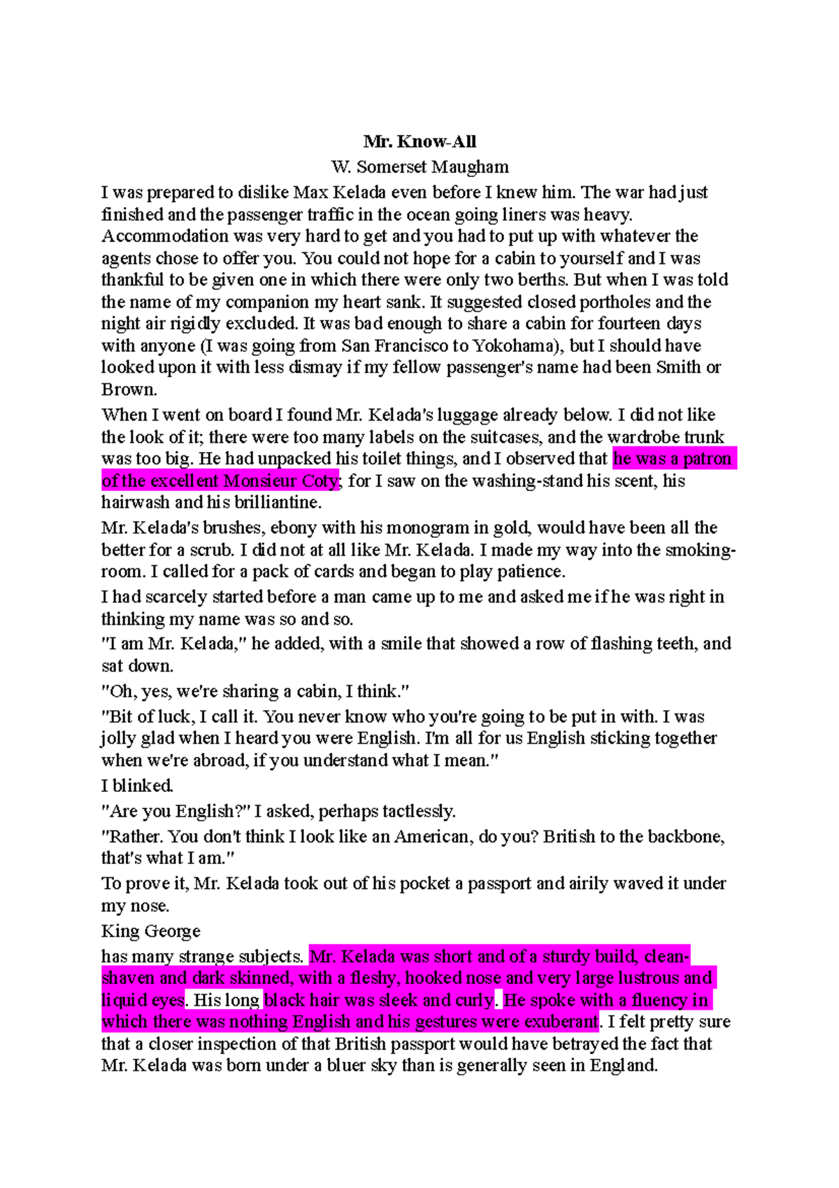 Mr Know it all - Lecture Notes - Mr. Know-All W. Somerset Maugham I was ...