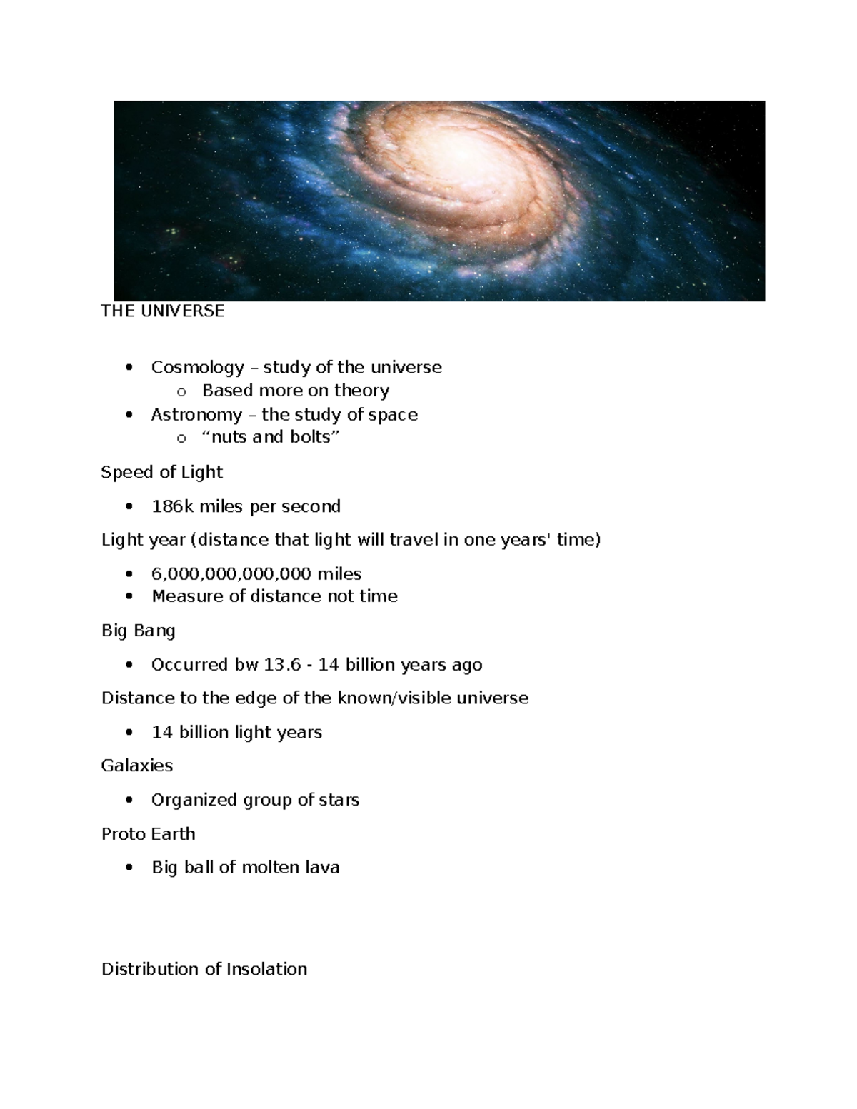 Geology notes - THE UNIVERSE Cosmology – study of the universe o Based ...