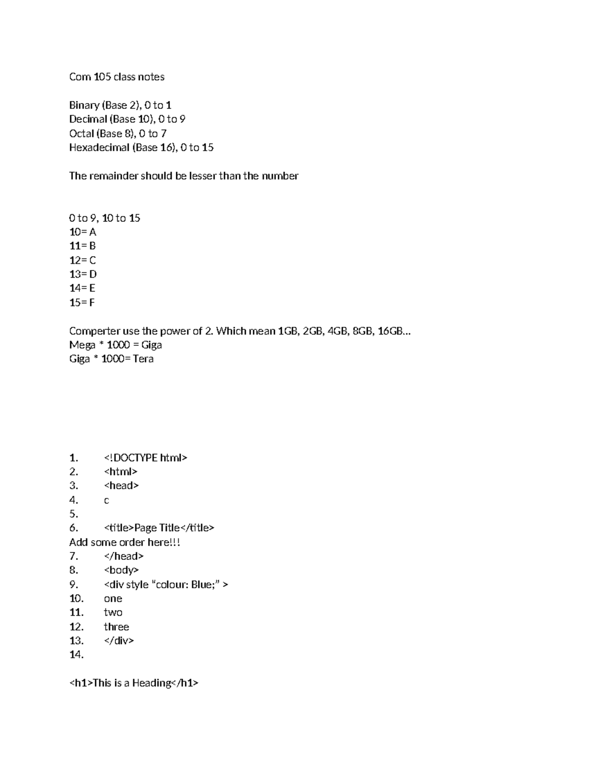 CS 105 class notes - good luck - Com 105 class notes Binary (Base 2), 0 ...