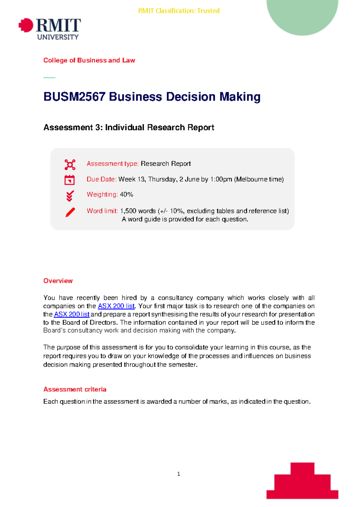 Assignment 3 Brief-3 - College of Business and Law — BUSM2567 Business ...