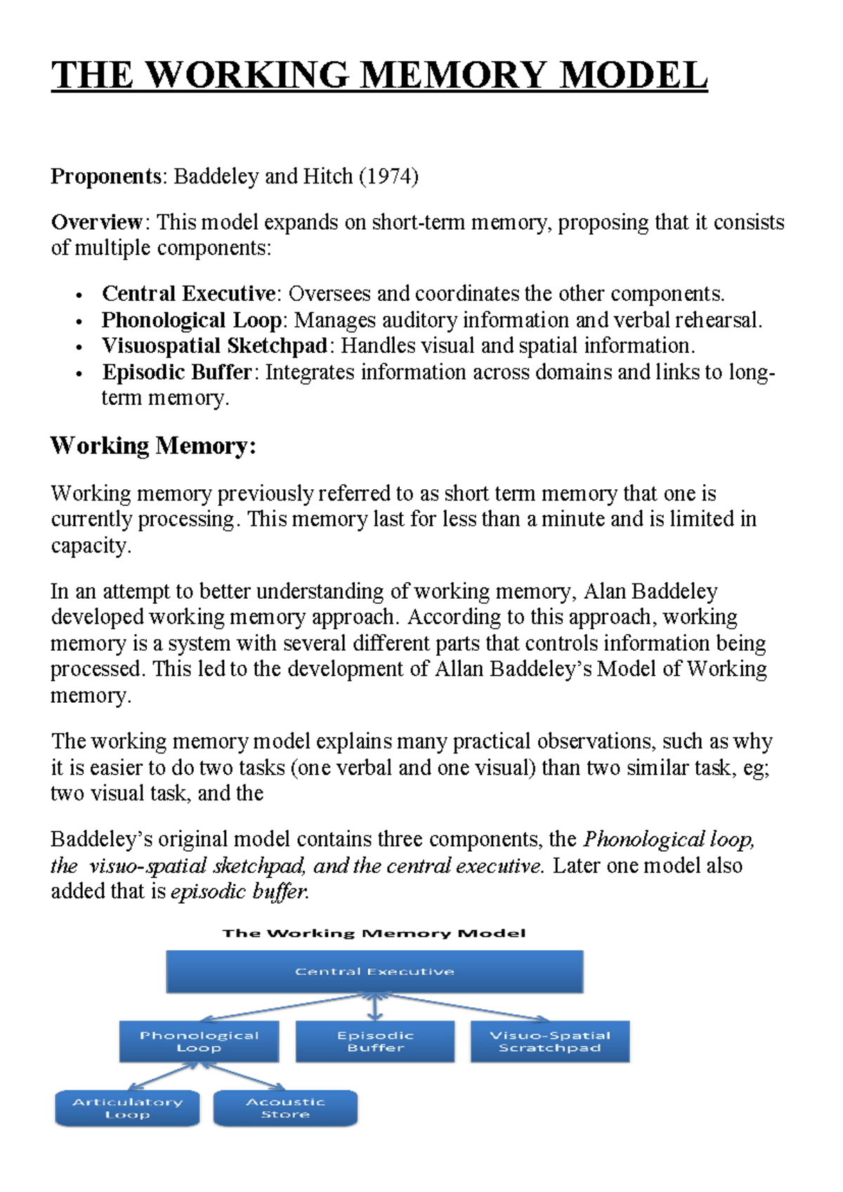 THE Working Memory Model - THE WORKING MEMORY MODEL Proponents ...