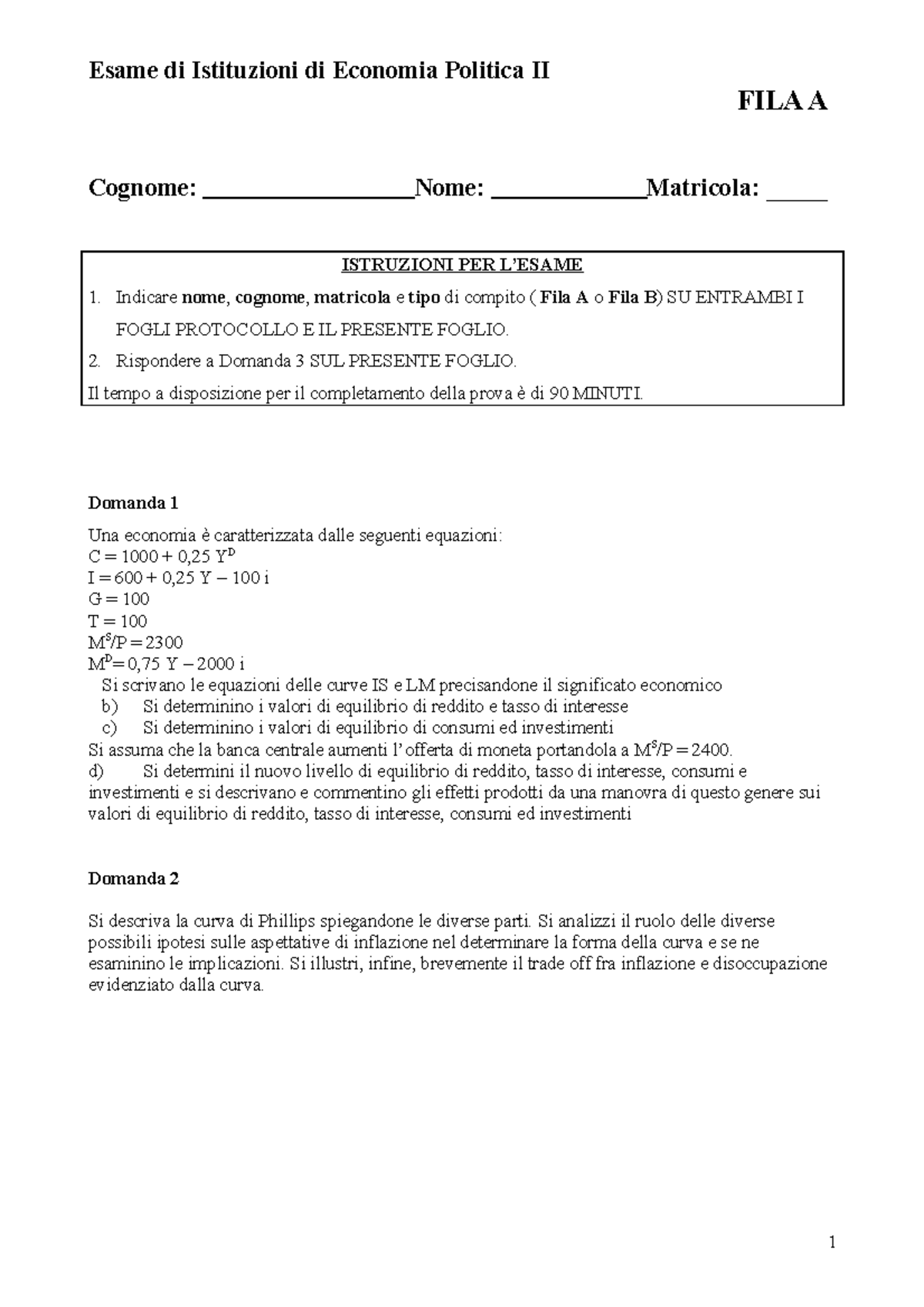 Esame - Rispondere a Domanda 3 SUL PRESENTE FOGLIO. Il tempo a ...