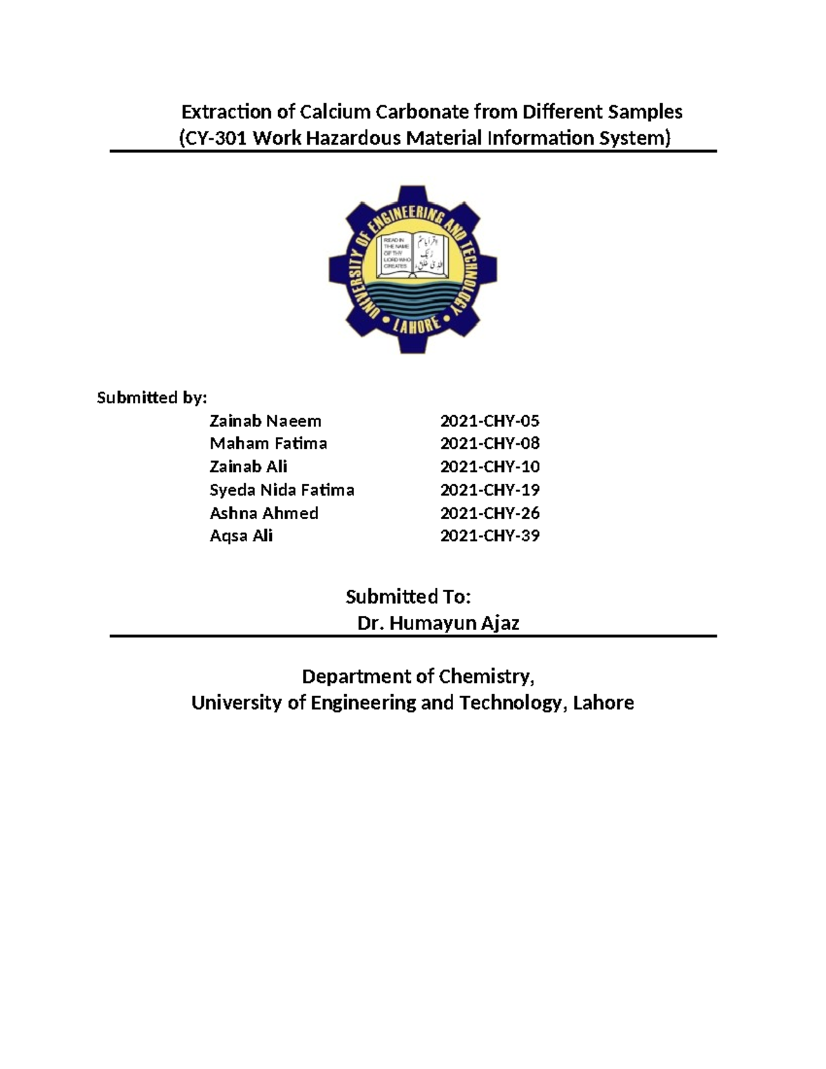 Extraction of Calcium Carbonate from Different Samples - Humayun Ajaz ...