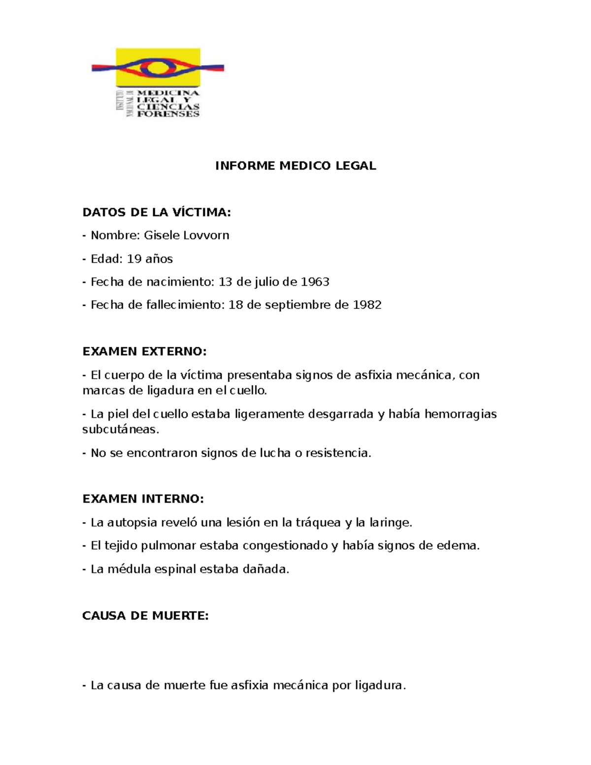 Informe Medico Legal Gisele Lovvorn - INFORME MEDICO LEGAL DATOS DE LA ...