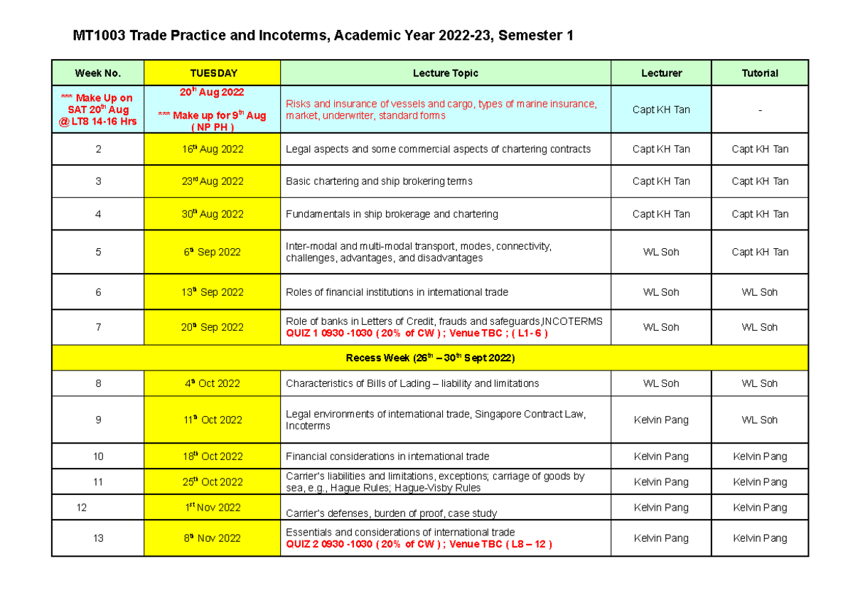 MT1003 Trade Practice and Incoterms Final Teaching Schedules AY2022-23 Sem 1 - MT1003 Trade ...