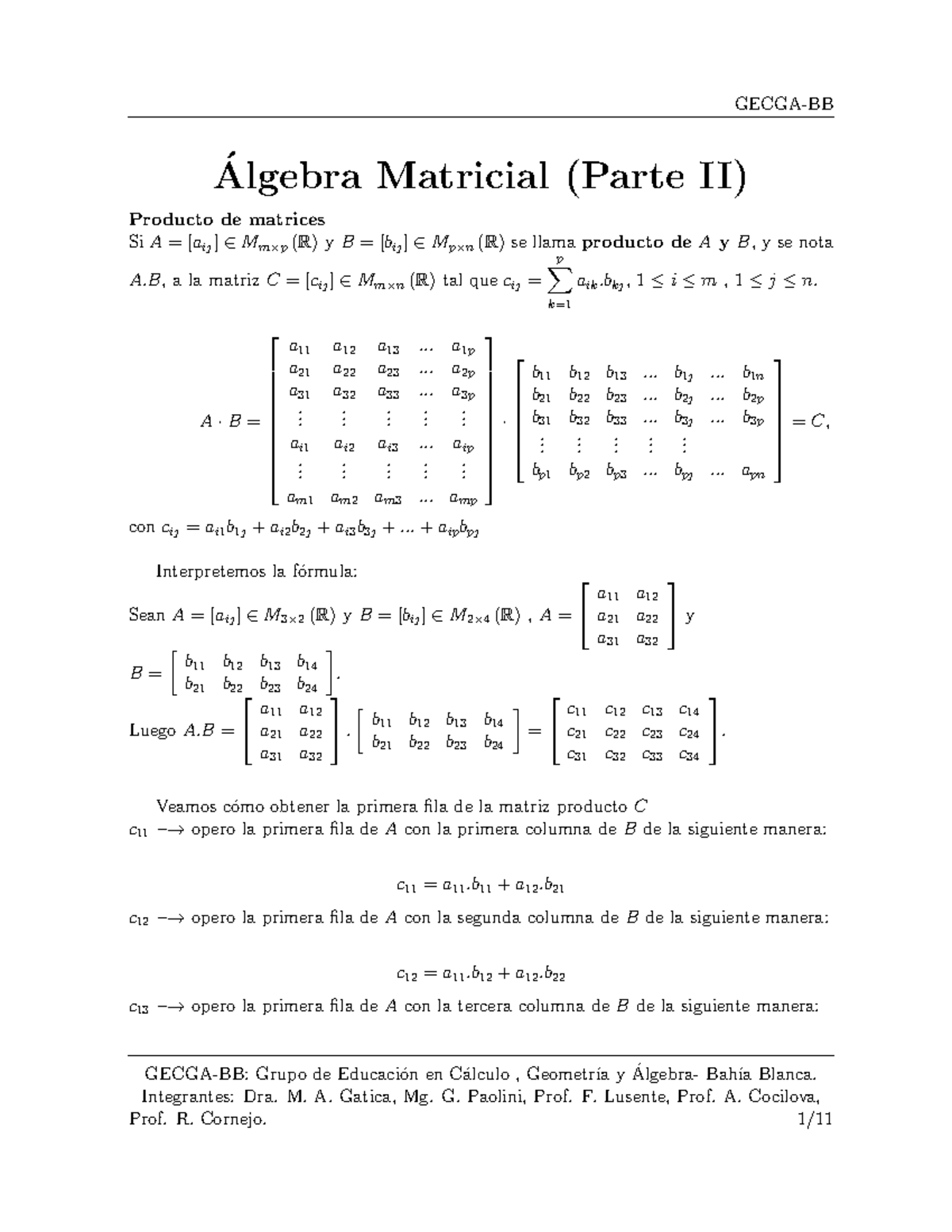 02 Alg Matricial producto - ́ Algebra Matricial (Parte II) Producto de ...