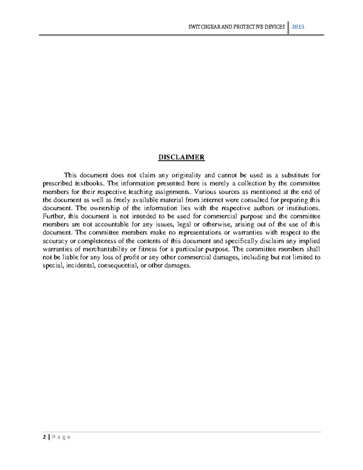 SWITCHGEAR AND PROTECTIVE DEVICES - DISCLAIMER This document does not ...