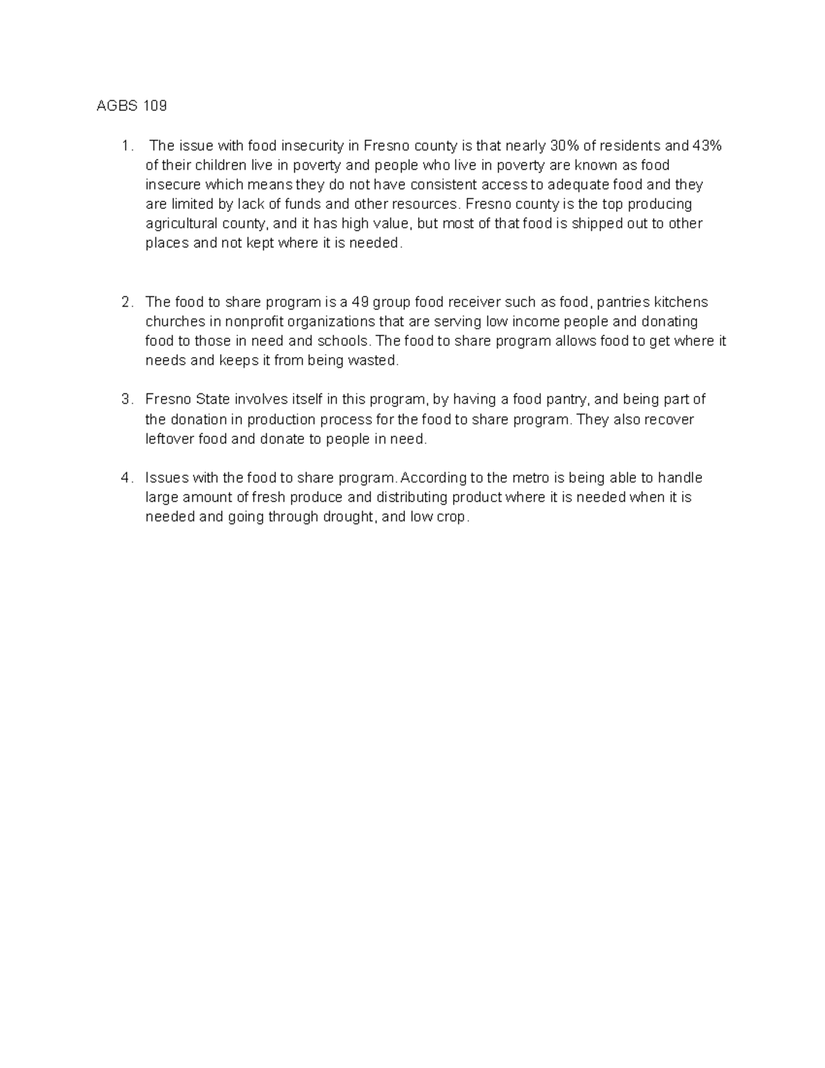 Food insecurity - question answers - AGBS 109 The issue with food ...