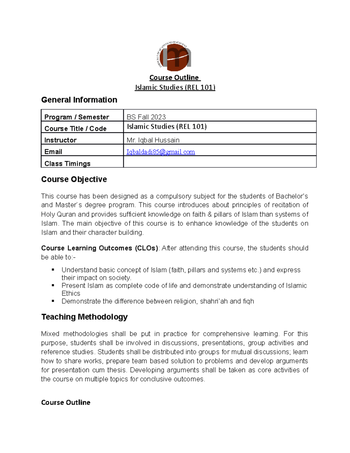 Course Outline OF bUSINESS eTHICS - Course Outline Islamic Studies (REL ...