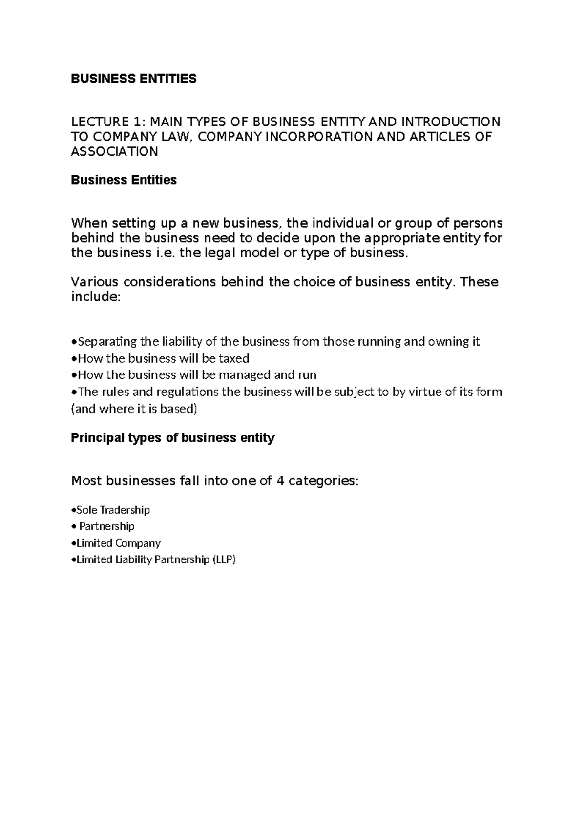 Introduction - business entities - BUSINESS ENTITIES LECTURE 1: MAIN ...