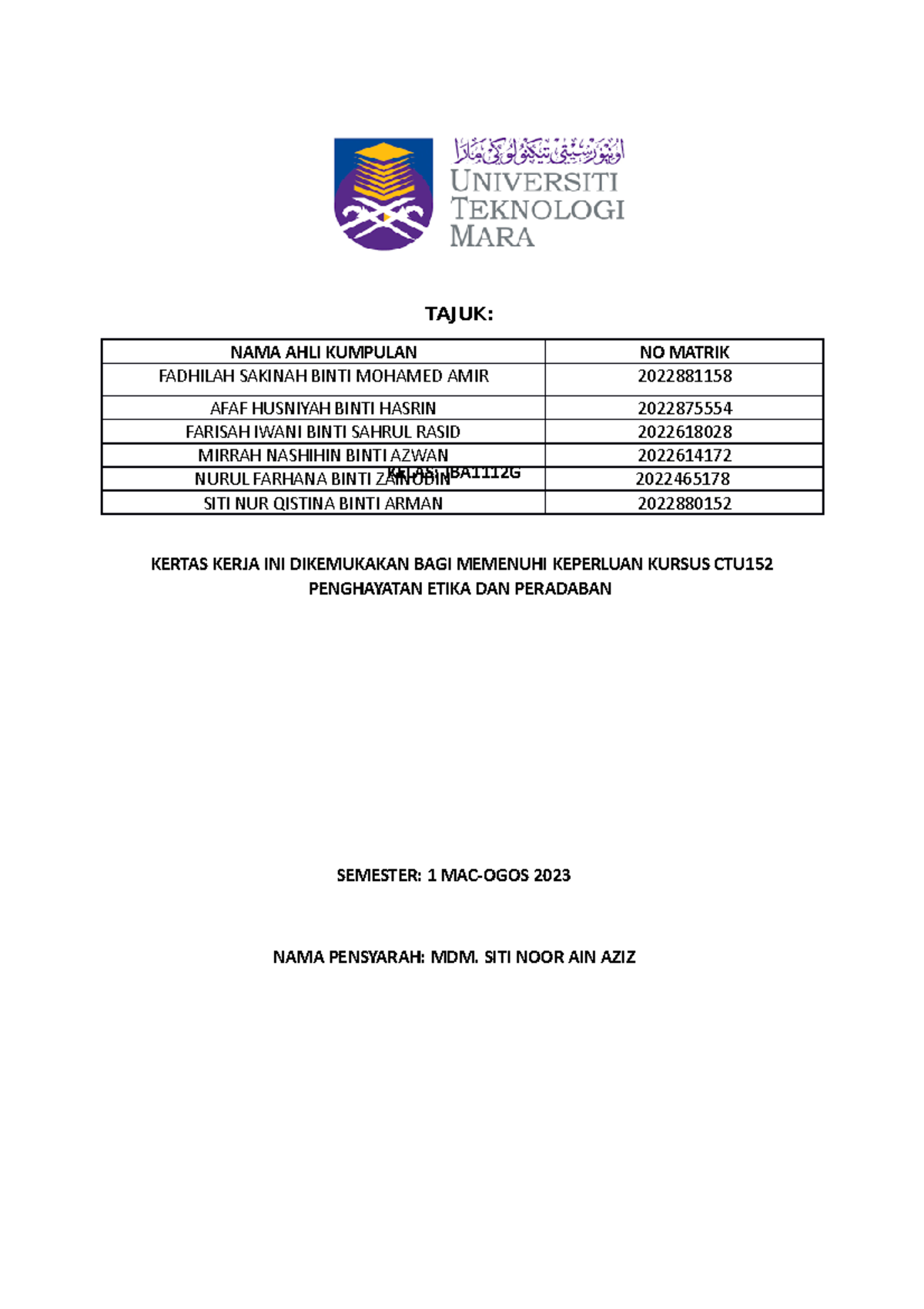 Assignment Ctu152 Ctu 152 Tajuk Nama Ahli Kumpulan No Matrik
