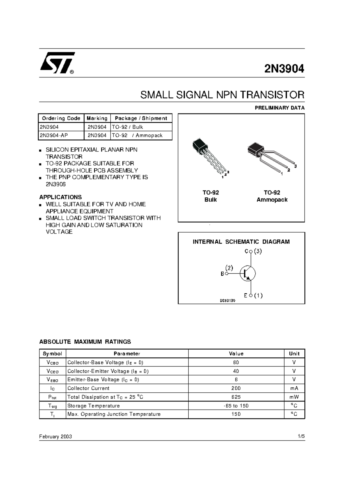 Transistor 2N3904 - consulta - SMALL SIGNAL NPN TRANSISTOR PRELIMINARY ...